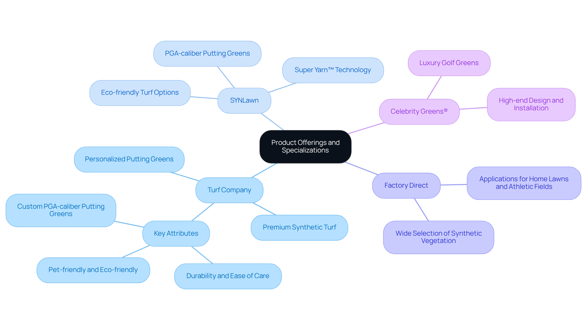 The central node represents the overall topic, while each branch shows a different company. The sub-branches detail what each company specializes in, making it easy to compare their unique offerings.