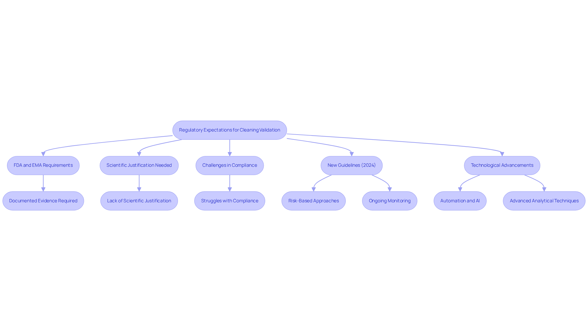 This flowchart illustrates the steps and requirements for cleaning validation in the pharmaceutical industry. Start at the top with the main regulatory expectations, then follow the arrows to see how these expectations lead to specific actions and challenges faced by manufacturers. Each box represents a key aspect of the process, helping you understand how they connect and the importance of compliance. This flowchart illustrates the steps and requirements for cleaning validation in the pharmaceutical industry. Start at the top with the main regulatory expectations, then follow the arrows to see how these expectations lead to specific actions and challenges faced by manufacturers. Each box represents a key aspect of the process, helping you understand how they connect and the importance of compliance.