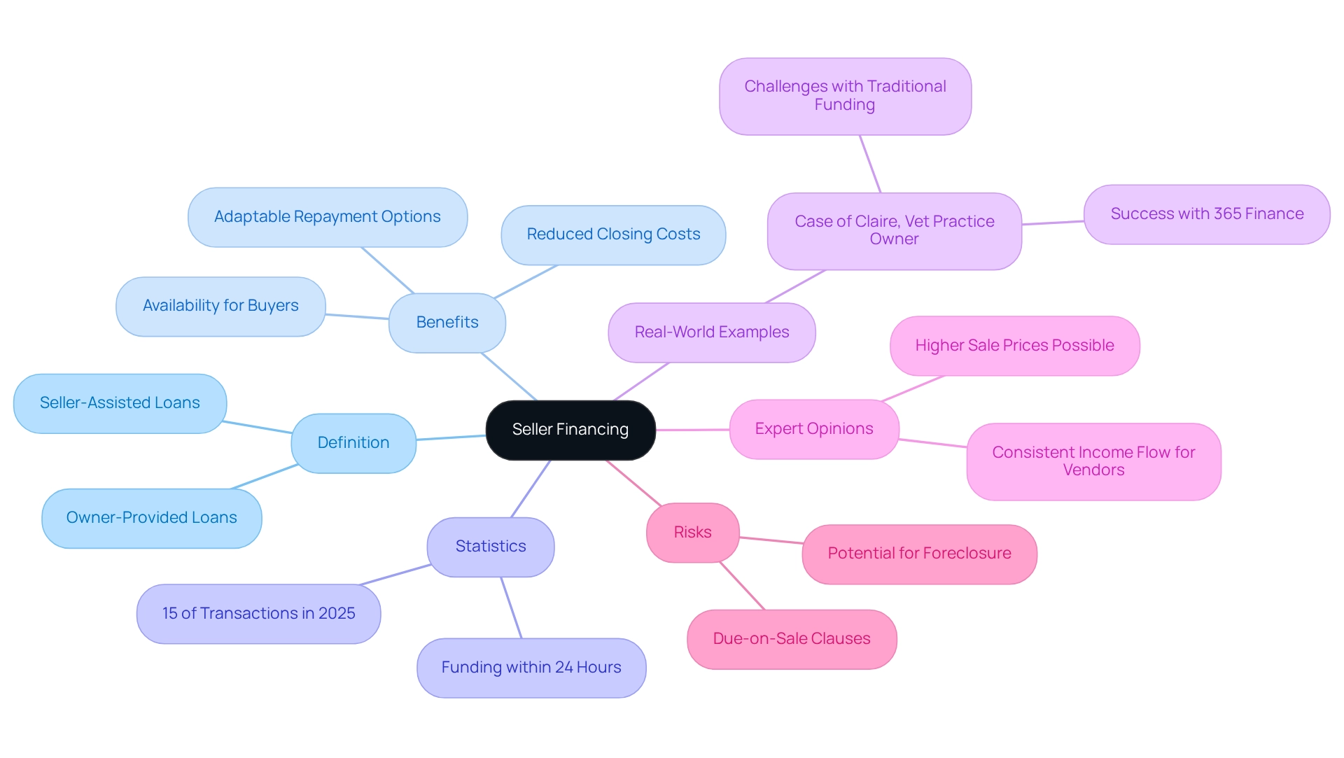 The central node represents the concept of seller financing, with branches indicating its definition, benefits, statistics, real-world examples, expert opinions, and risks.
