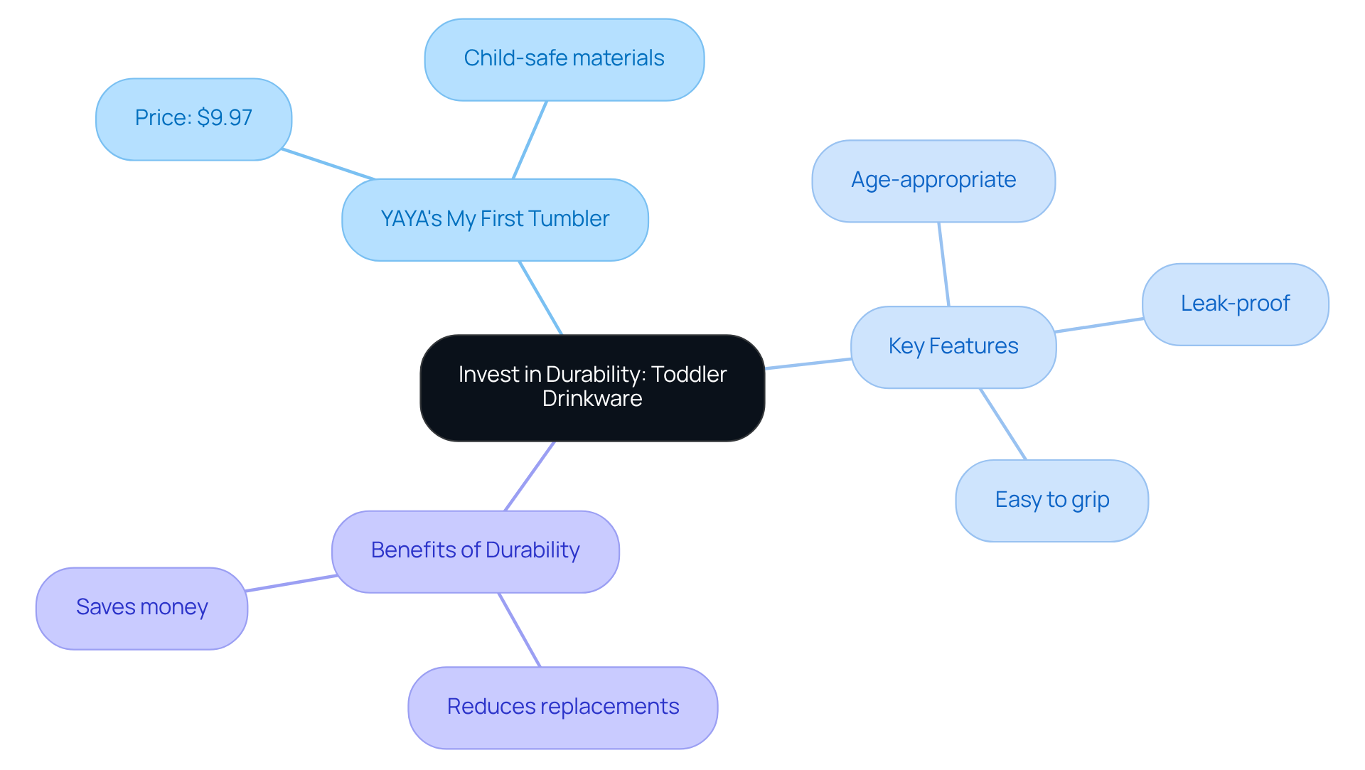 The central idea is about investing in durable drinkware for toddlers. Each branch shows important features and benefits, helping parents make informed choices.