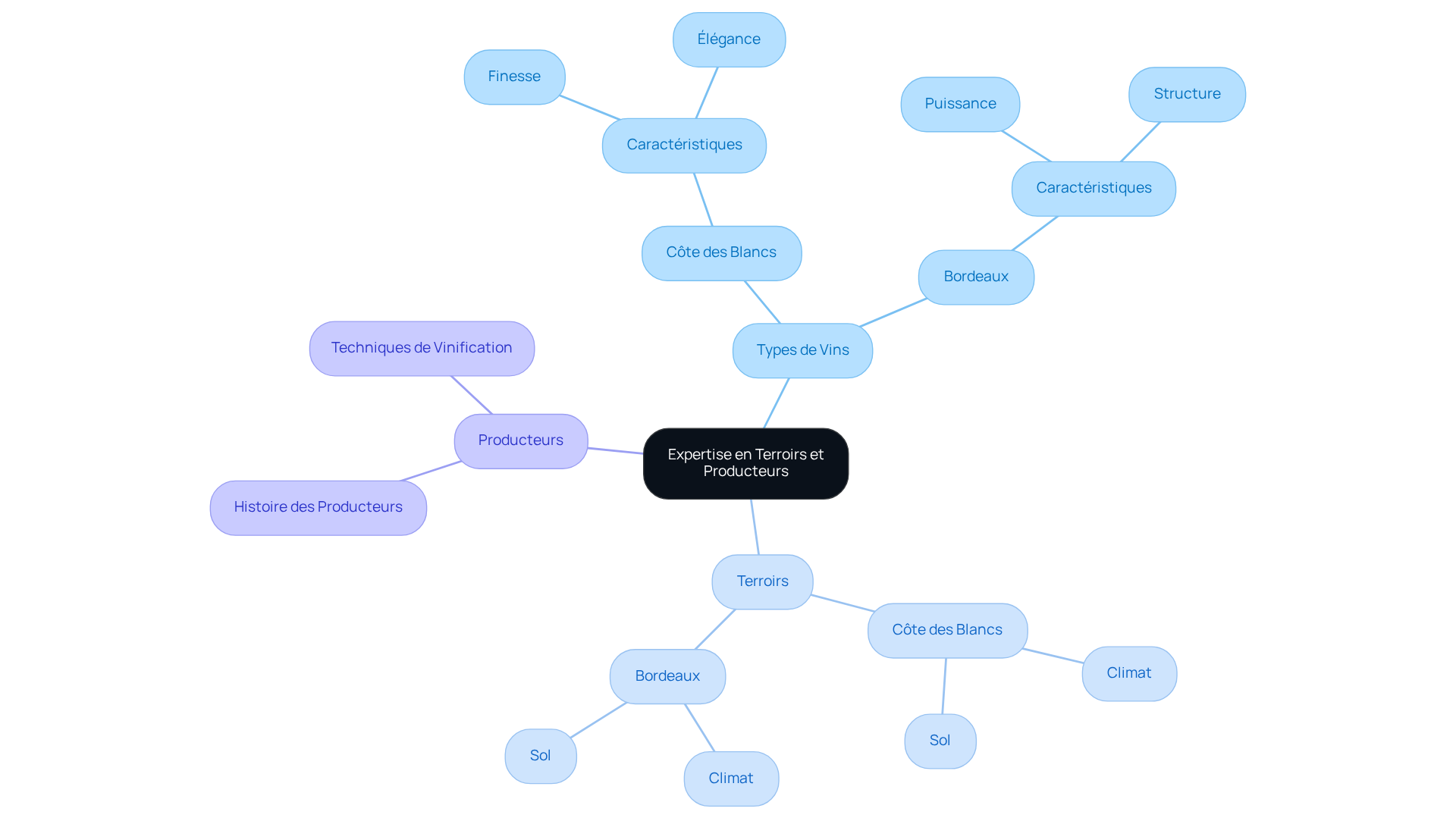 Le nœud central représente l'expertise viticole, tandis que les branches montrent les différents types de vins, leurs terroirs et les producteurs. Explorez chaque branche pour découvrir les histoires et caractéristiques qui enrichissent votre choix.