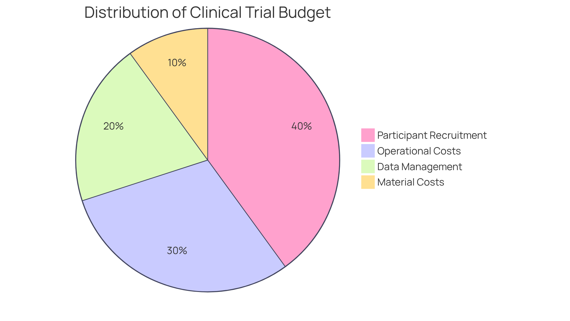 Each slice of the pie represents a part of the clinical trial budget. The larger the slice, the more money is allocated to that category, making it easy to see where funds are primarily spent. For example, participant recruitment takes up a significant portion.