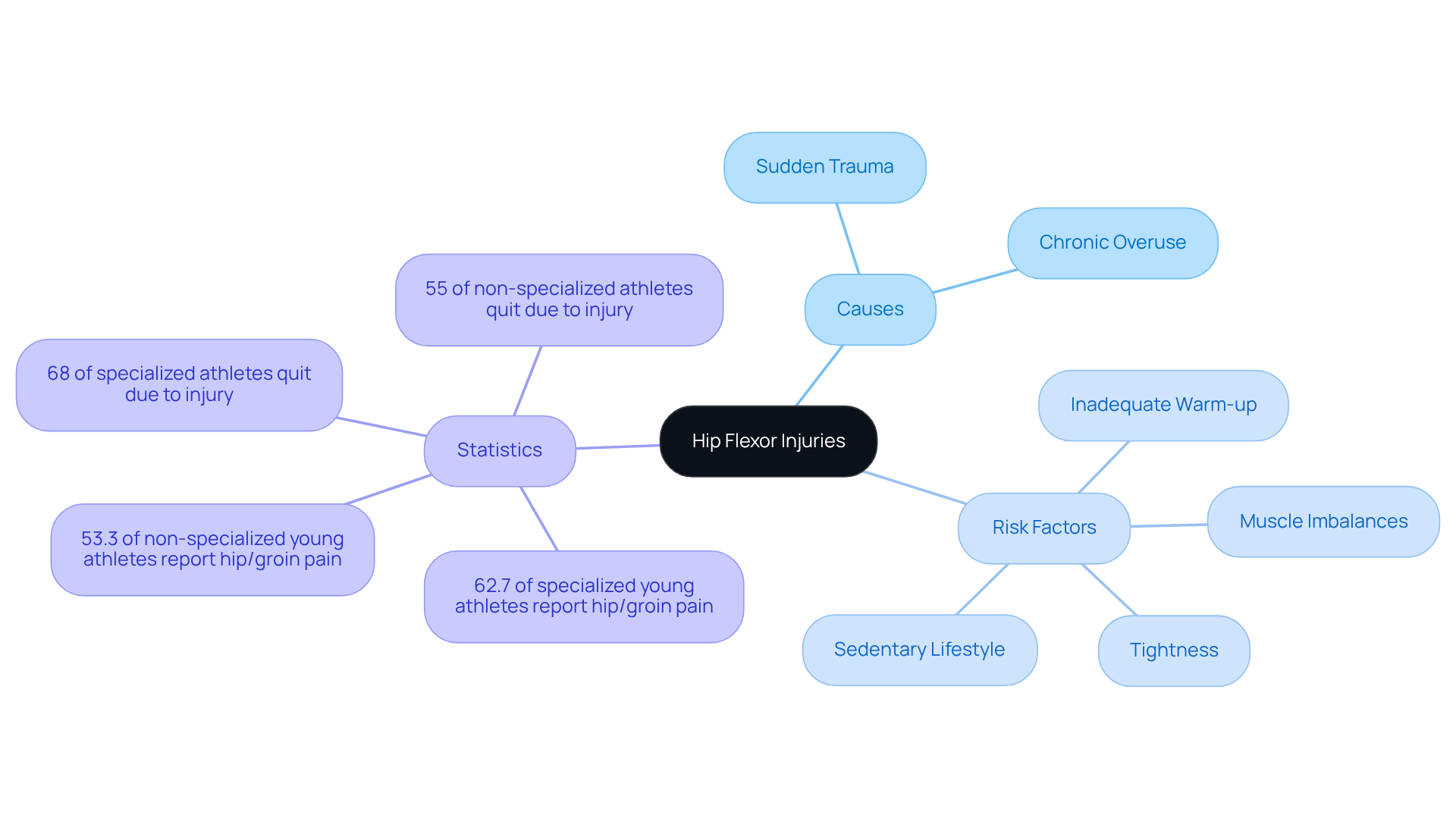 The central node represents hip flexor injuries, with branches showing the main causes and risk factors. Each sub-branch provides specific details, helping you understand how different elements contribute to the risk of injury. The central node represents hip flexor injuries, with branches showing the main causes and risk factors. Each sub-branch provides specific details, helping you understand how different elements contribute to the risk of injury.