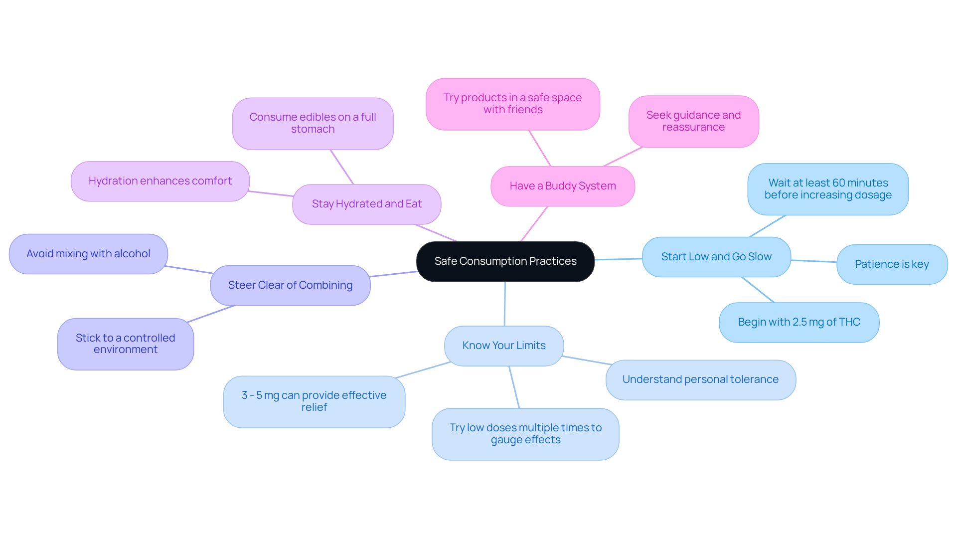 The center represents the main theme of safe consumption. Each branch shows a specific tip, and the sub-branches provide additional details or advice related to that tip. This layout helps you see all the important practices at a glance. The center represents the main theme of safe consumption. Each branch shows a specific tip, and the sub-branches provide additional details or advice related to that tip. This layout helps you see all the important practices at a glance.