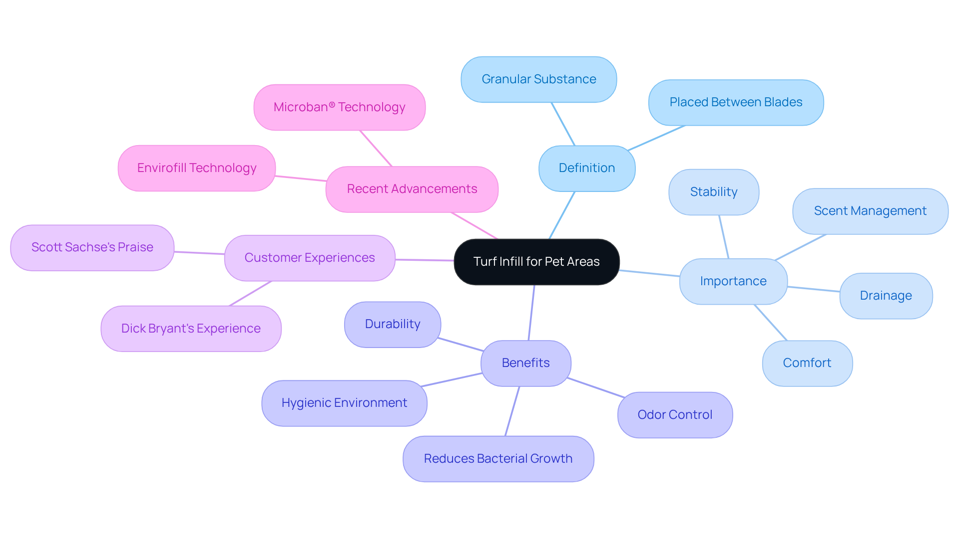 The central node represents the main topic of turf infill, while the branches show different aspects related to its use in pet areas. Each branch highlights a specific area of focus, helping you see how they all connect to the overall importance of turf infill.