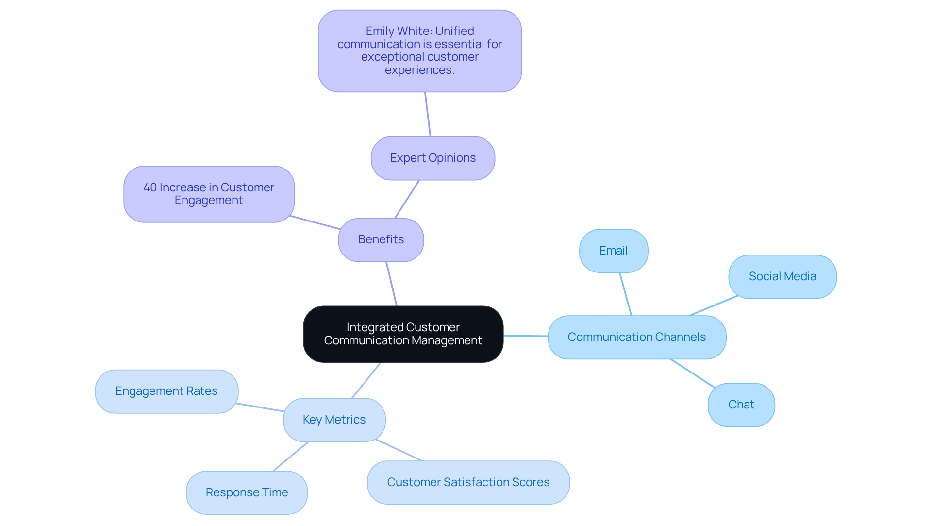 The center represents the main concept, while the branches show different aspects of customer communication management. Each branch connects to specific details, helping you see how everything relates.