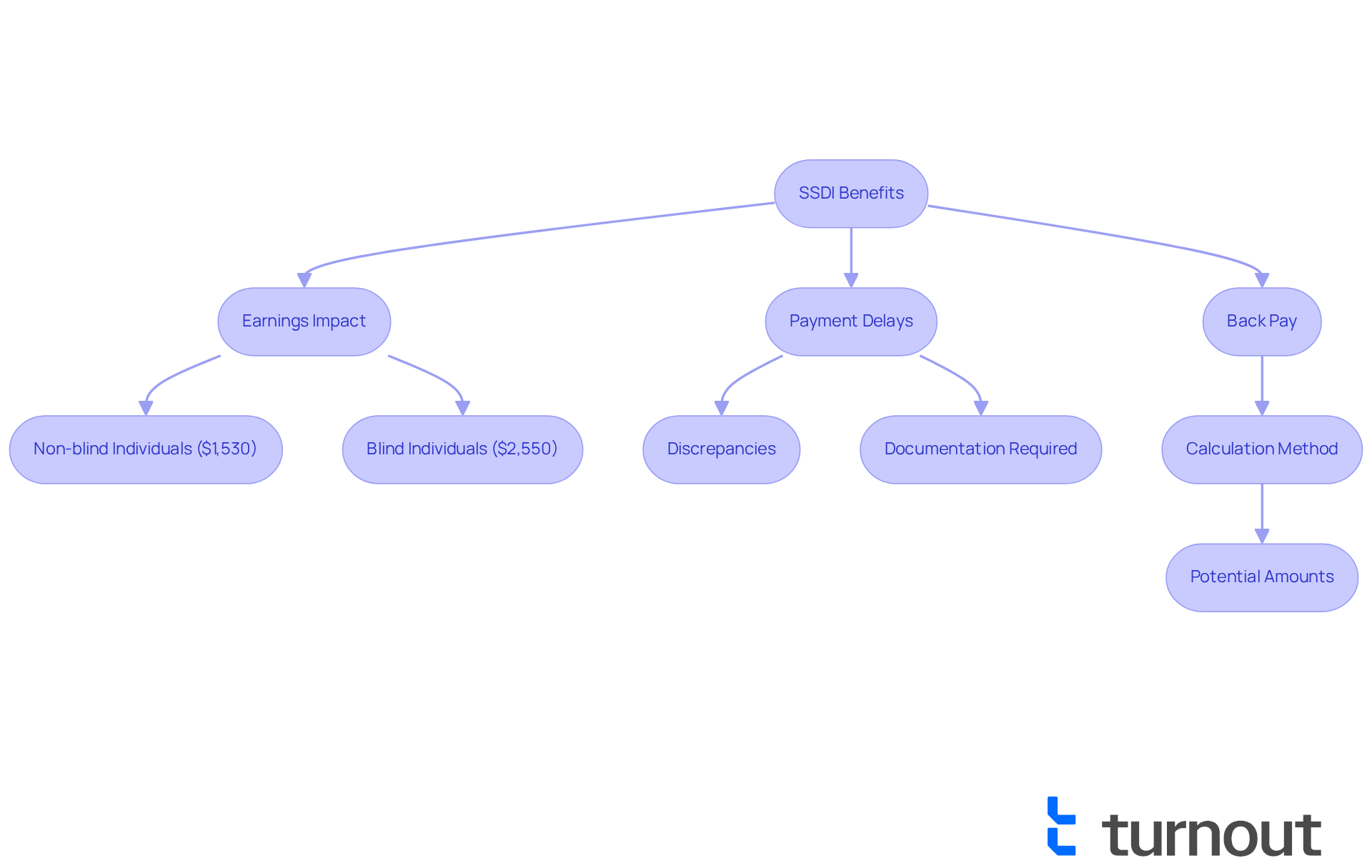 Follow the steps to understand how earnings, delays, and back pay affect your SSDI benefits — each branch shows a different factor that can influence your compensation.