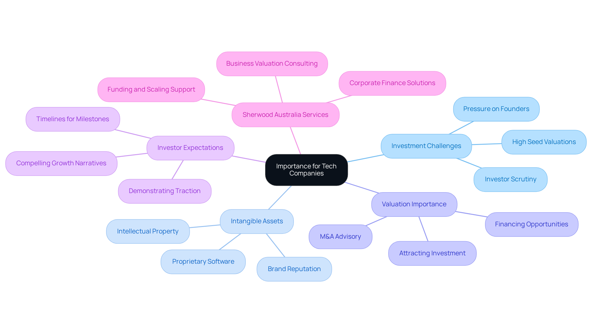 The central node represents the overall importance for tech firms, while the branches illustrate the various challenges and services related to securing investment and strategic growth. Each branch connects to specific aspects that tech companies must consider to thrive in a competitive landscape.