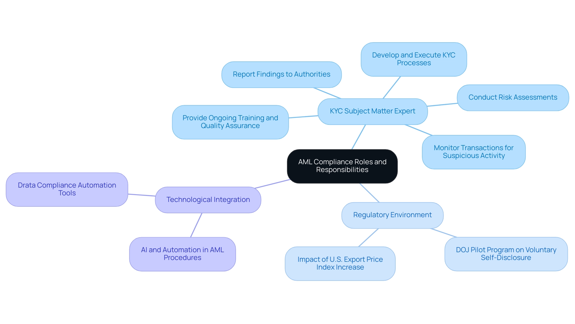 The central node represents the AML compliance framework, with branches detailing the roles and responsibilities of the KYC Subject Matter Expert.