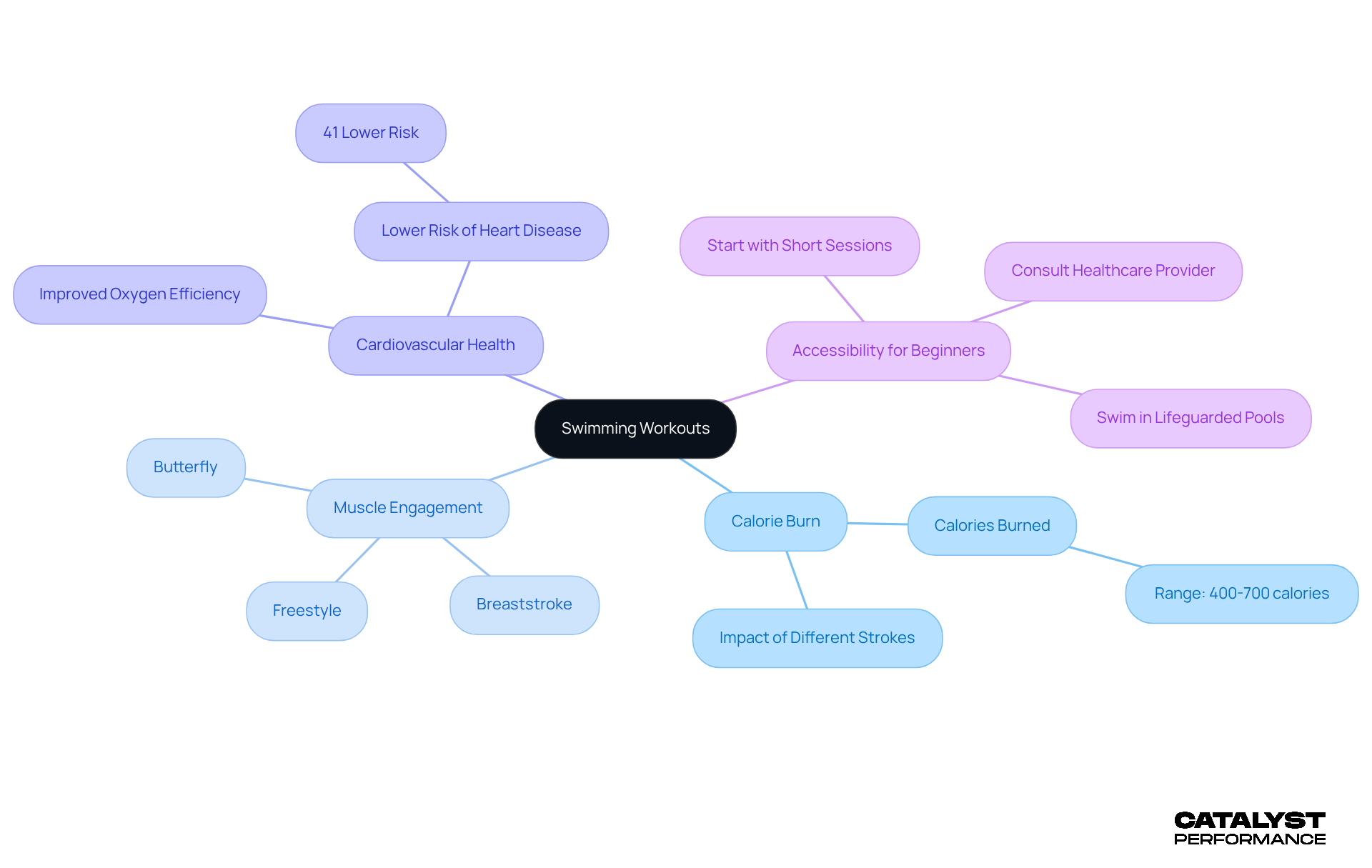 The central node represents swimming workouts, and the branches show the various benefits. Each color-coded branch highlights a different aspect, making it easy to see how swimming can improve your health and fitness. The central node represents swimming workouts, and the branches show the various benefits. Each color-coded branch highlights a different aspect, making it easy to see how swimming can improve your health and fitness.