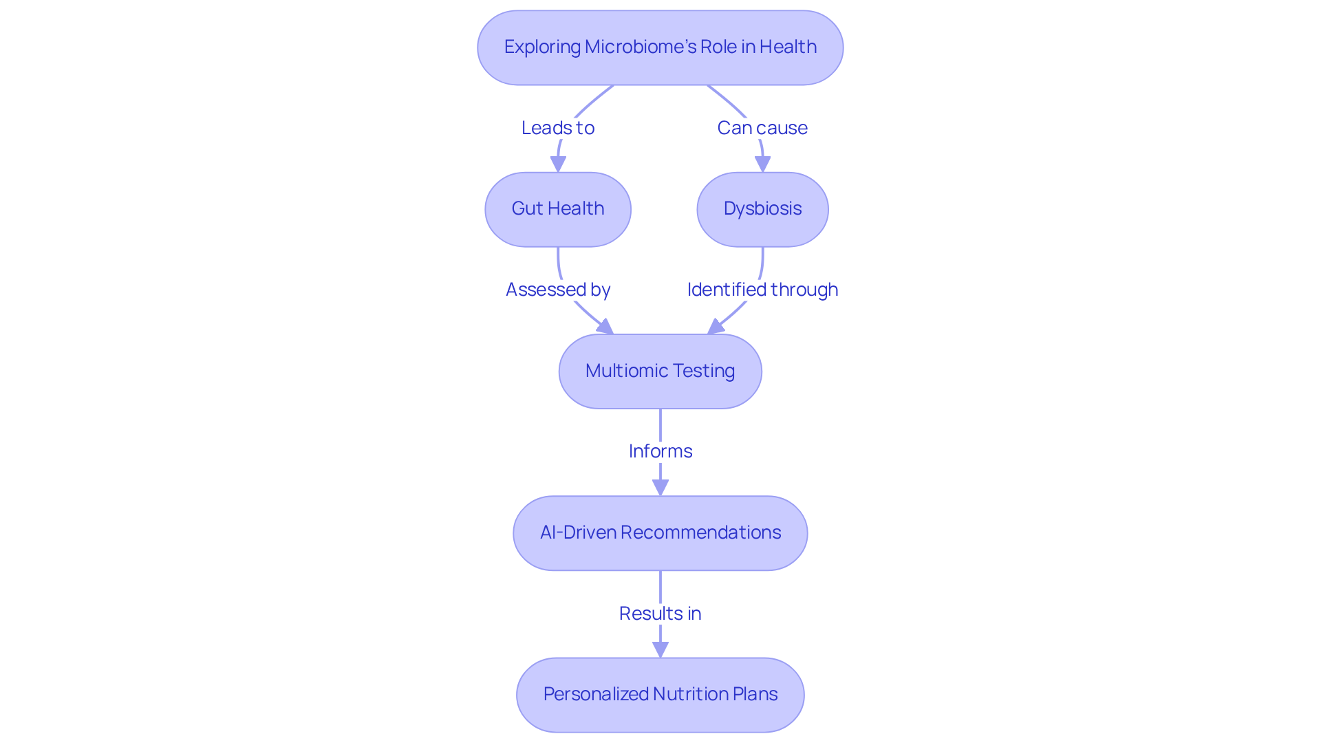 Follow the arrows to see how exploring gut health leads to personalized nutrition and health interventions. Each step shows how different factors connect to improve overall wellness.