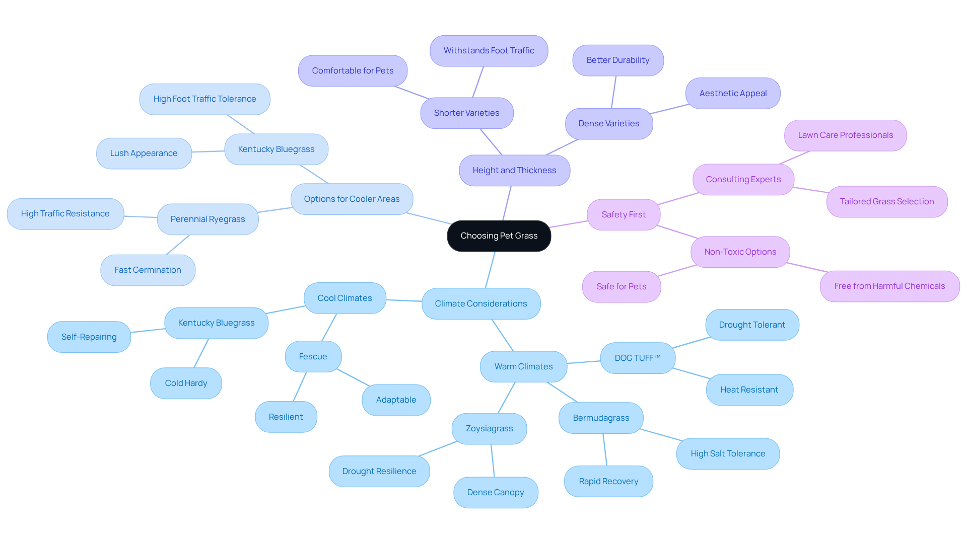 The central node represents the main topic, while the branches show different factors to consider when selecting grass for pets. Each sub-branch provides specific details related to that factor.
