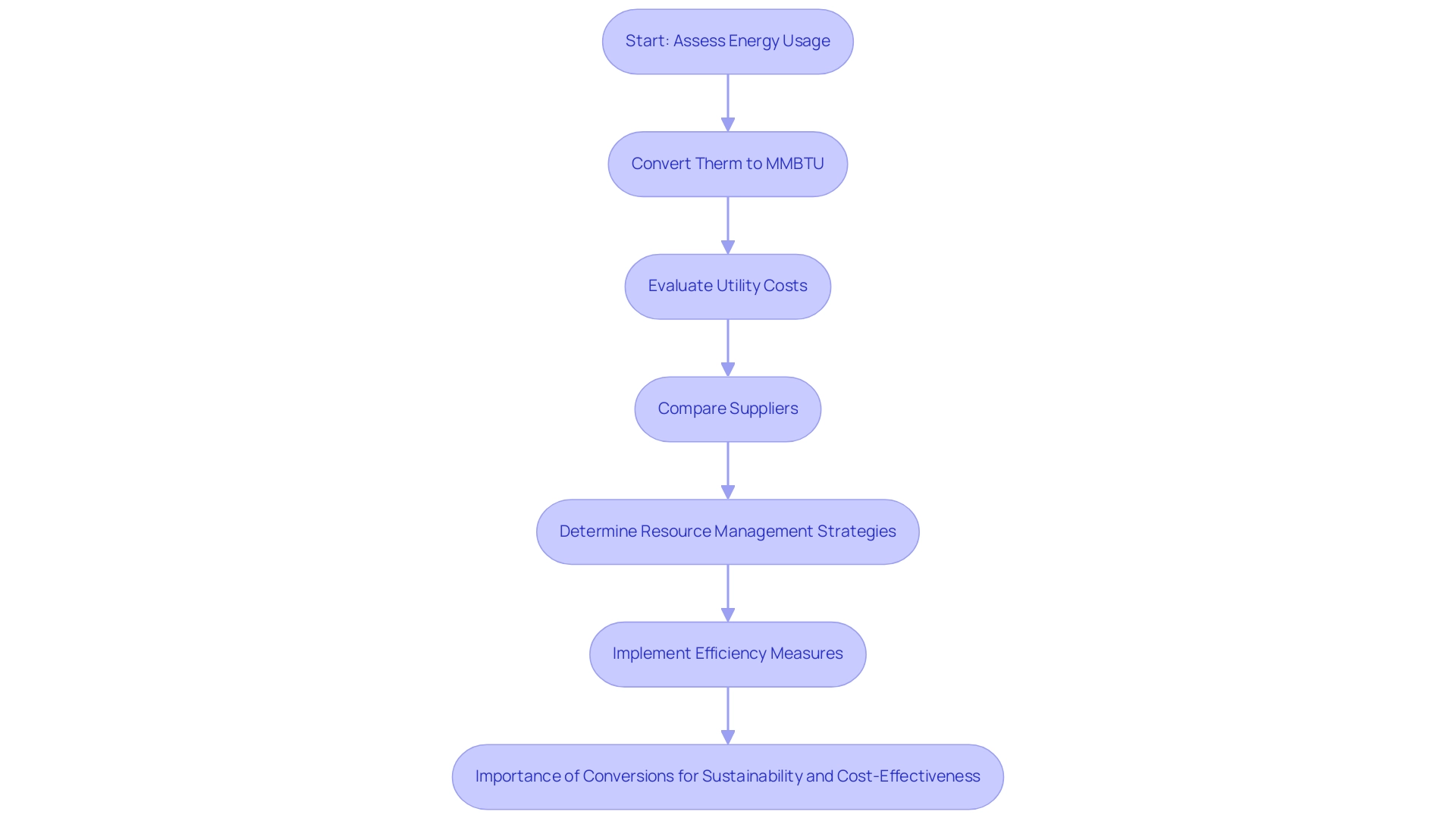 Each box represents a step in the conversion process, with arrows indicating the flow of decisions and actions. The colors signify different stages in energy assessment and decision-making.