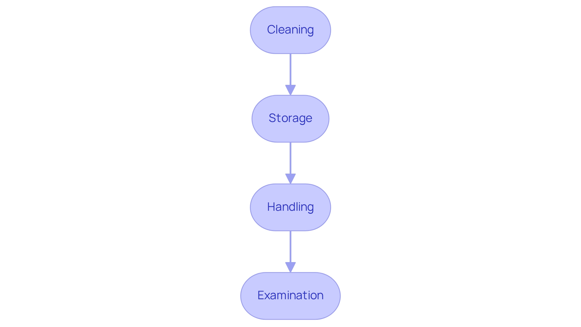 Each box represents a maintenance step for poker chips: Cleaning, Storage, Handling, and Examination, with arrows indicating the recommended sequence.