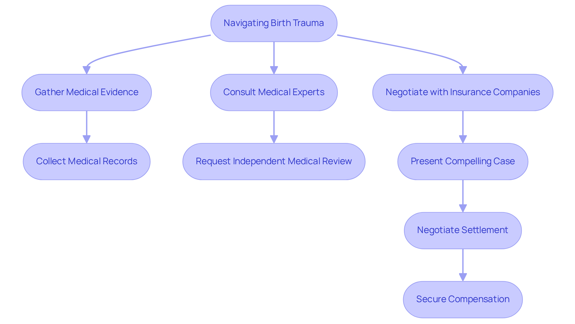 This flowchart guides families through the process of seeking legal help after birth trauma. Each box represents a step to take, and the arrows show the order in which to follow them. Start at the top and follow the arrows to understand how to gather evidence, consult experts, and negotiate for compensation.