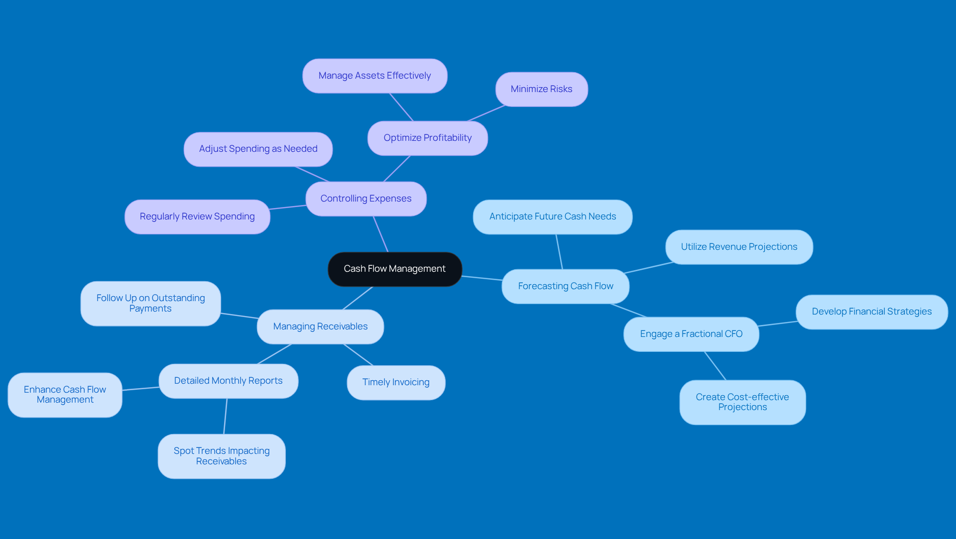 The center of the mindmap represents cash flow management, while the branches show key strategies for success. Each strategy can be further explored for detailed actions that help maintain healthy cash flow. The center of the mindmap represents cash flow management, while the branches show key strategies for success. Each strategy can be further explored for detailed actions that help maintain healthy cash flow.