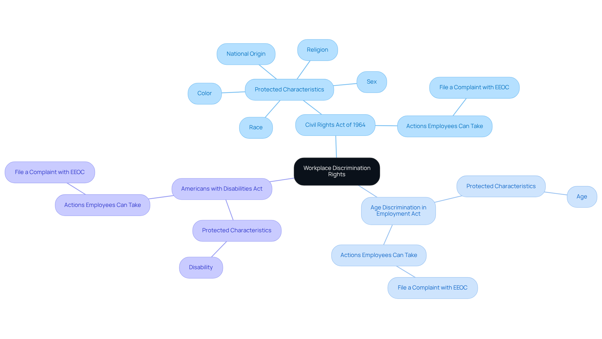 This mindmap starts with the central theme of workplace discrimination rights. Each branch represents a key law, and the sub-branches show what characteristics are protected and what actions you can take if you face discrimination. It's a visual guide to help you understand your rights and the protections available to you.
