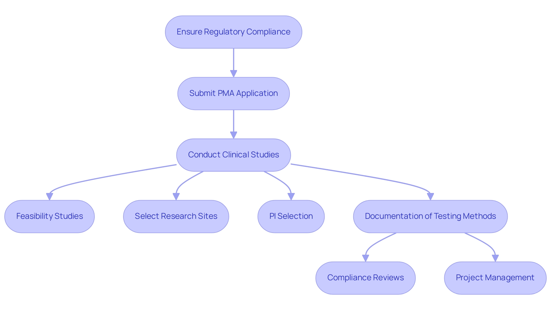 Boxes represent steps in the regulatory compliance process (blue) and clinical trial management services (green). Arrows indicate the flow and progression of each step.