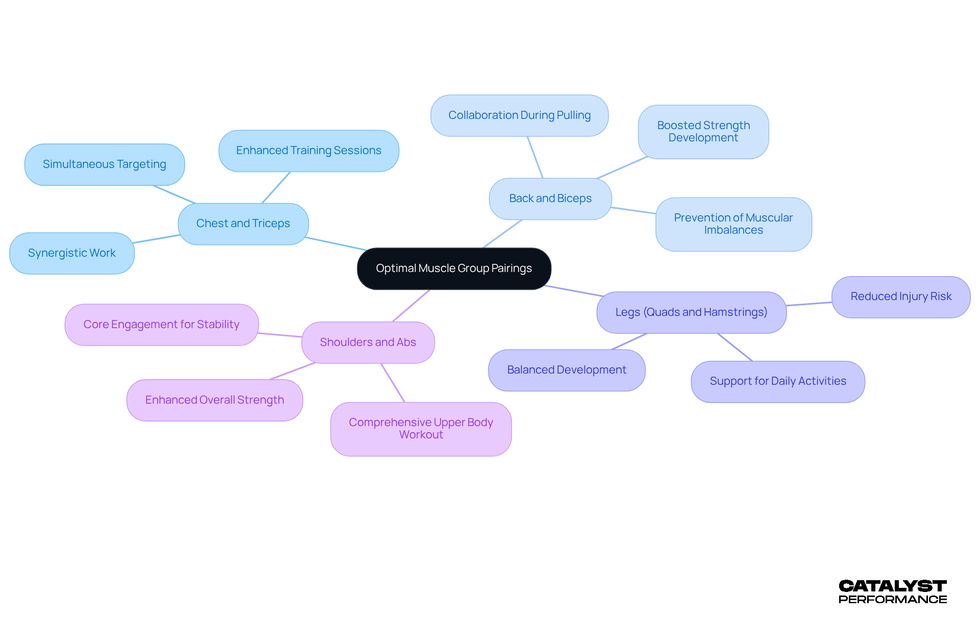 The center shows the main theme of pairing muscle groups. Each branch represents a specific pairing, and the sub-branches explain why these combinations are effective. Follow the branches to understand how to structure your workouts for maximum efficiency. The center shows the main theme of pairing muscle groups. Each branch represents a specific pairing, and the sub-branches explain why these combinations are effective. Follow the branches to understand how to structure your workouts for maximum efficiency.