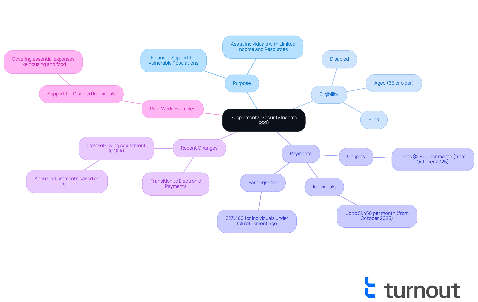 The center represents the SSI program, while branches extend to show its purpose, who qualifies, payment details, changes in the system, and examples of assistance provided. Each color-coded branch helps highlight different aspects of the program.