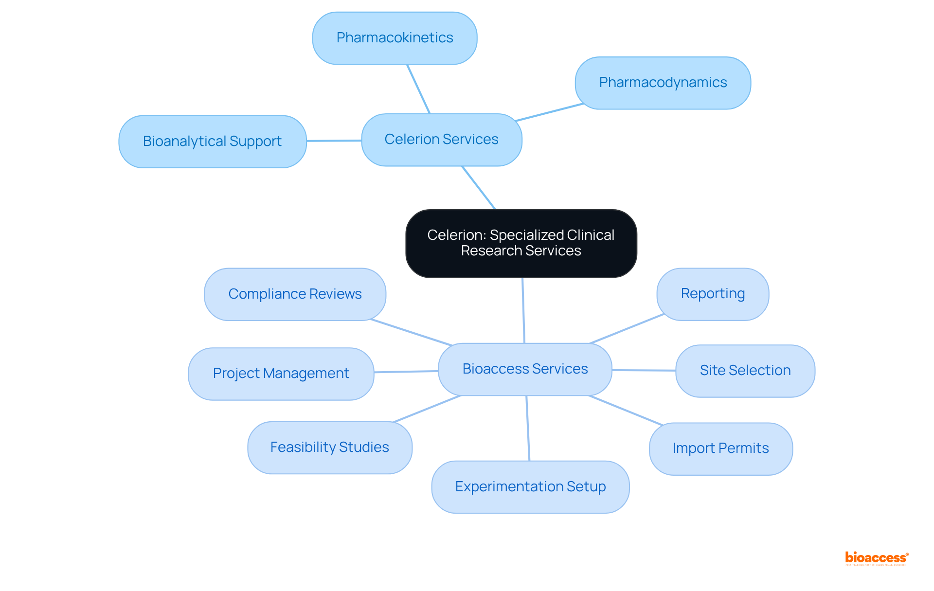 The central node represents Celerion's overall focus on clinical research, with branches showing the specific services they provide, and further branches detailing the offerings from bioaccess. Each color-coded section helps you quickly identify different categories of services. The central node represents Celerion's overall focus on clinical research, with branches showing the specific services they provide, and further branches detailing the offerings from bioaccess. Each color-coded section helps you quickly identify different categories of services.