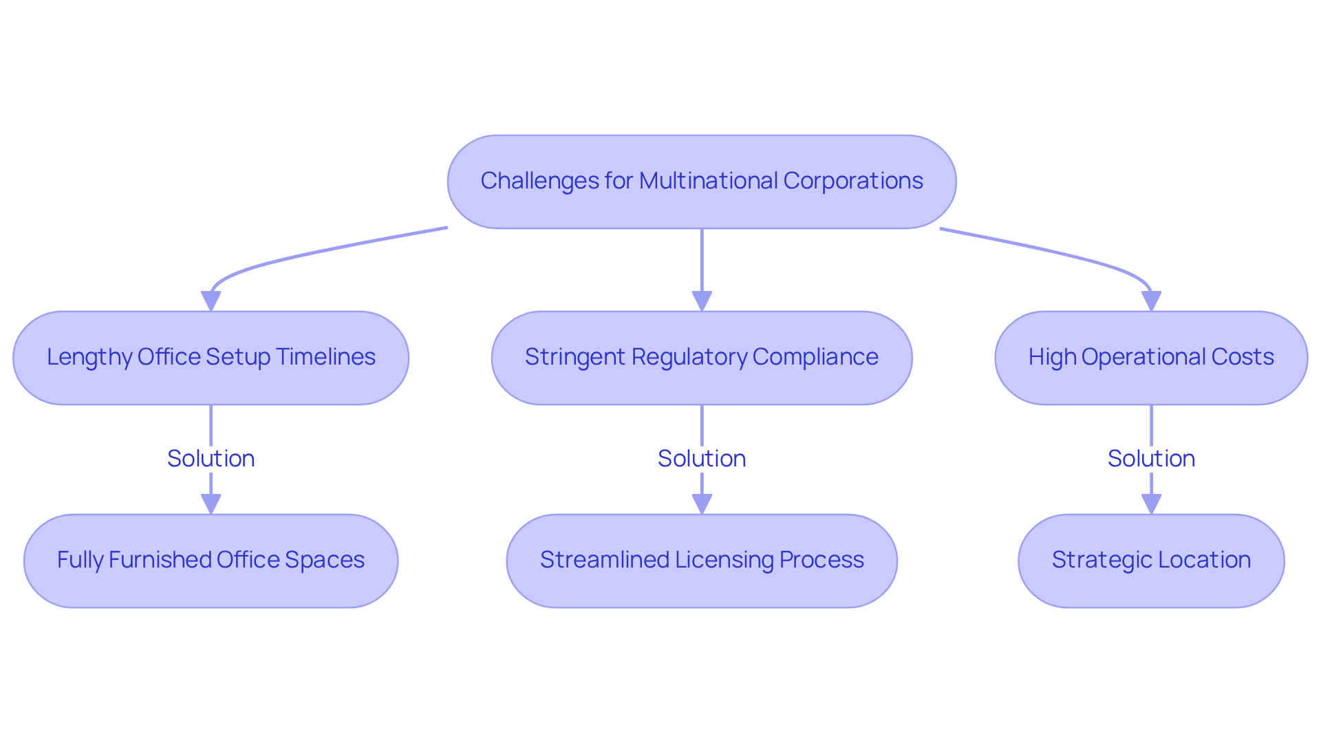 This flowchart shows the challenges multinational corporations face and how Dubai South provides solutions. Follow the arrows to see how each challenge is met with a specific offering.