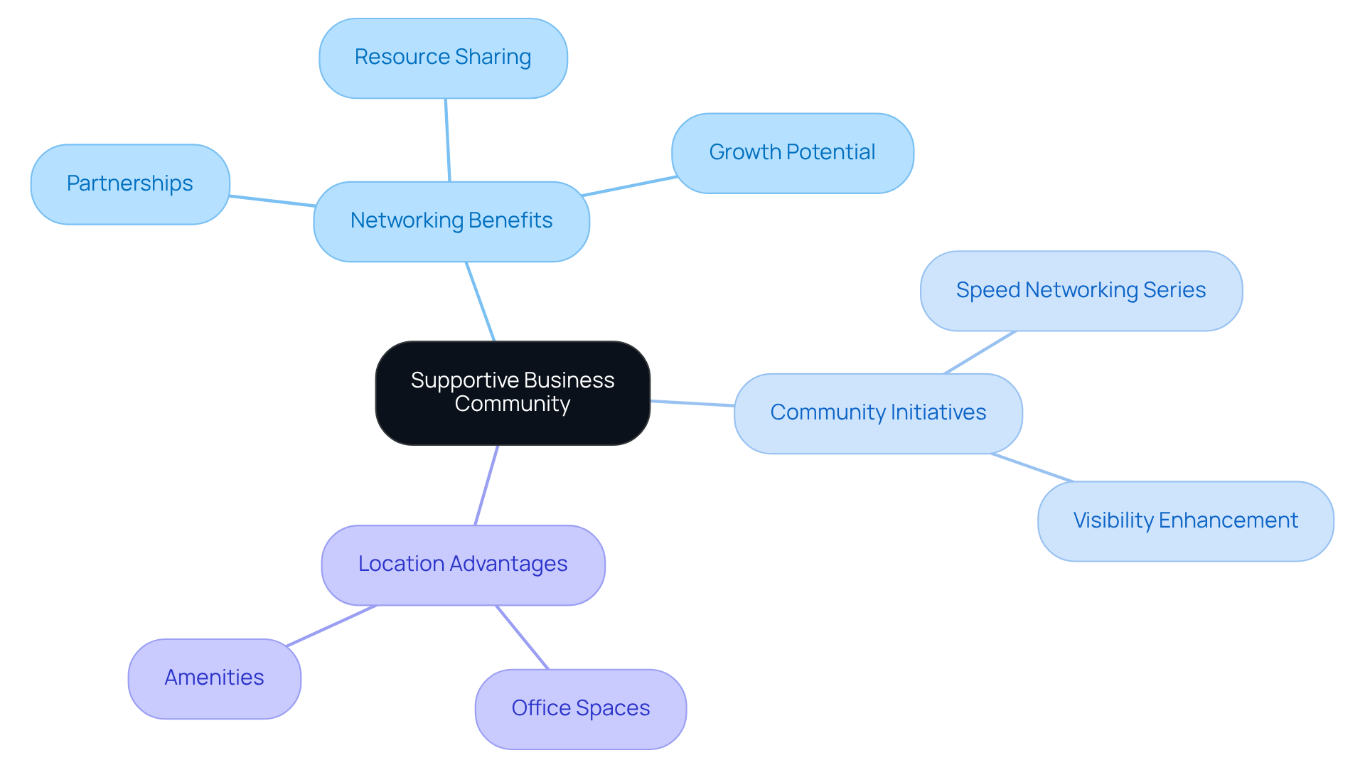 The central node represents the main idea, while the branches show different aspects of how being part of a business community can help companies grow and succeed. Follow the branches to explore each benefit and initiative.