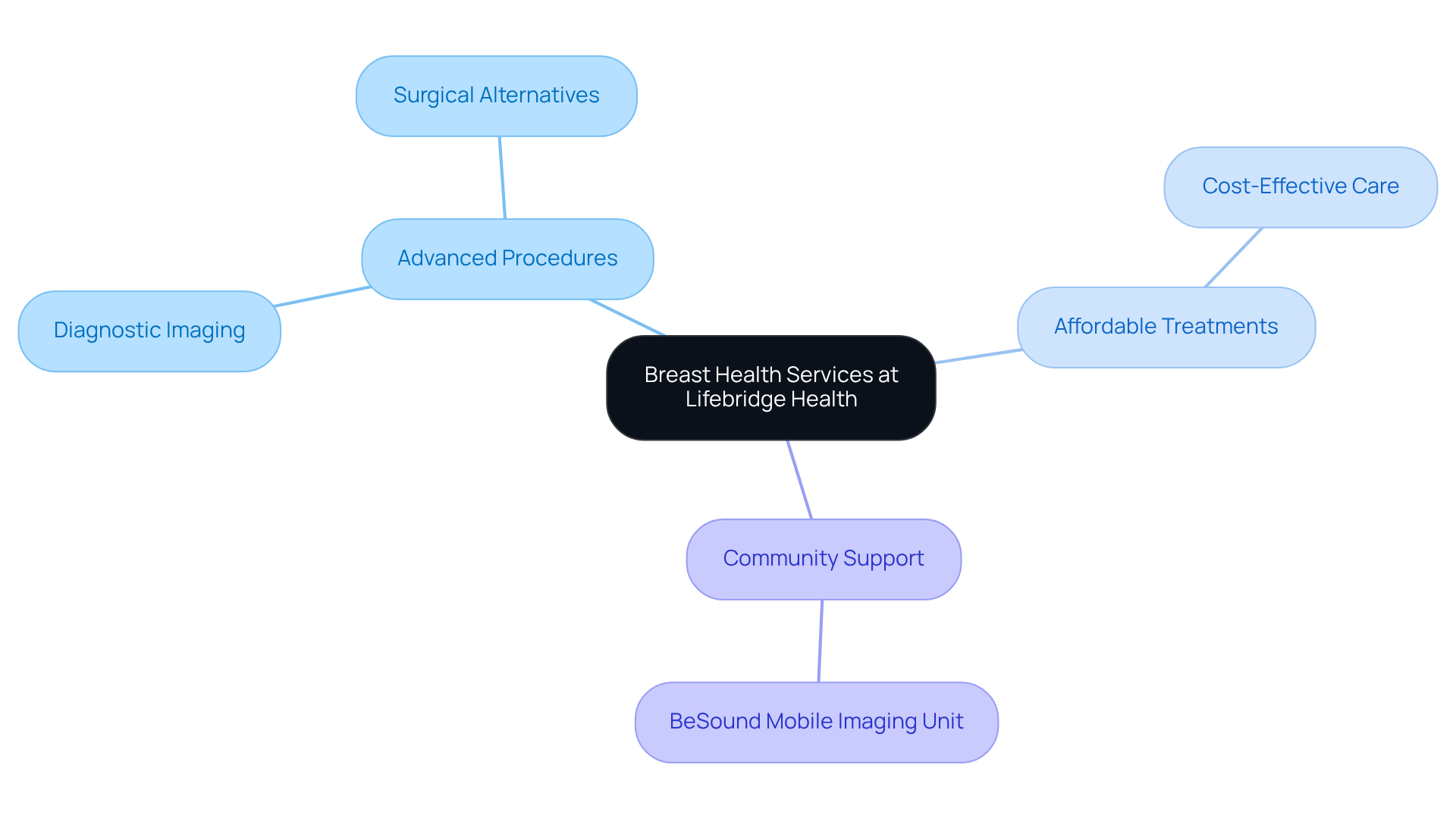 The central node represents Lifebridge Health's commitment to breast health, with branches showing the different services and initiatives available. Each branch highlights a key area of focus, making it easy to understand the comprehensive support offered.