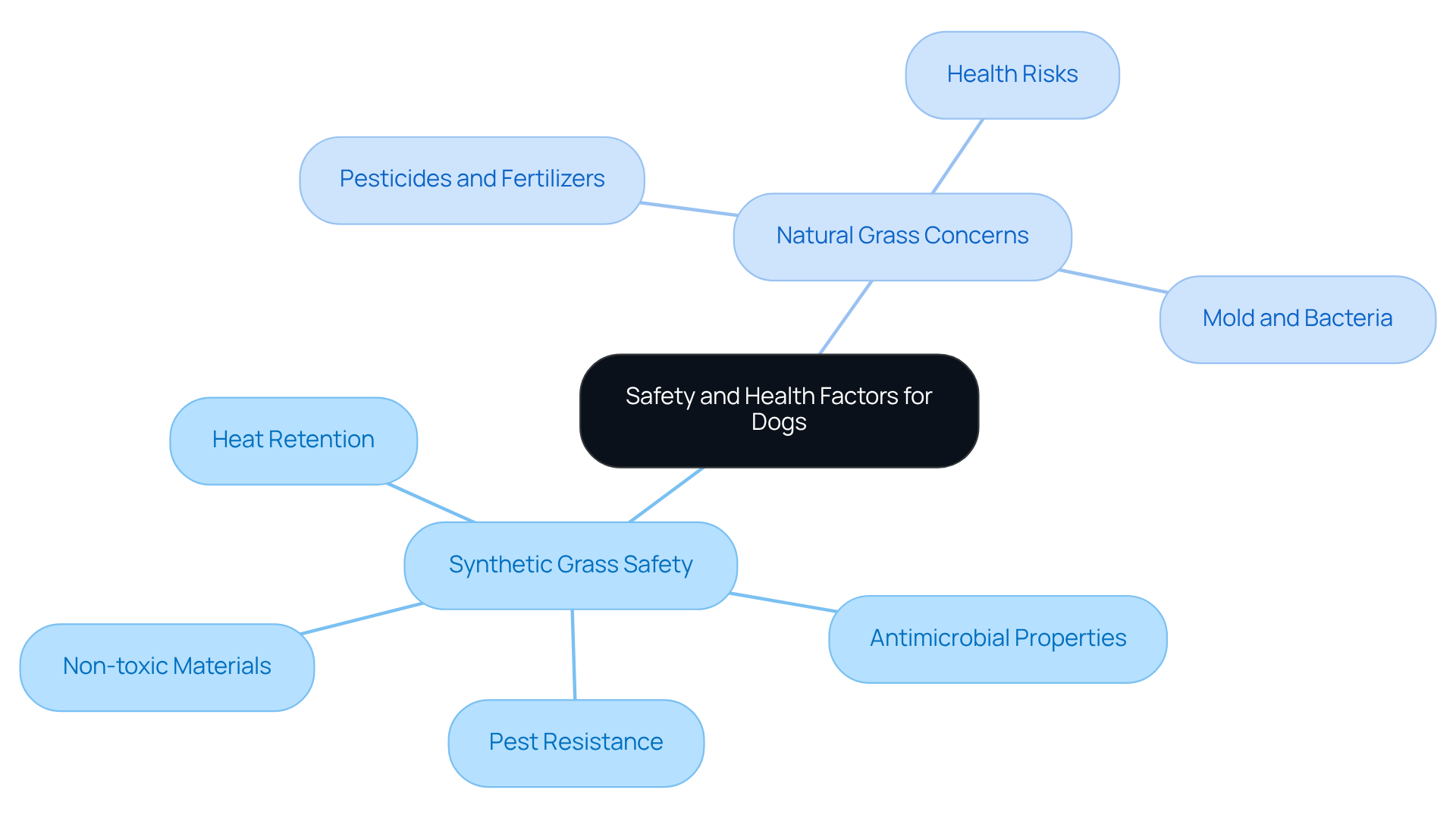 The central node represents the overall theme of safety and health for dogs. The branches show the two main options (synthetic and natural grass) and their specific safety considerations. Follow the branches to see the details that help in making an informed decision.