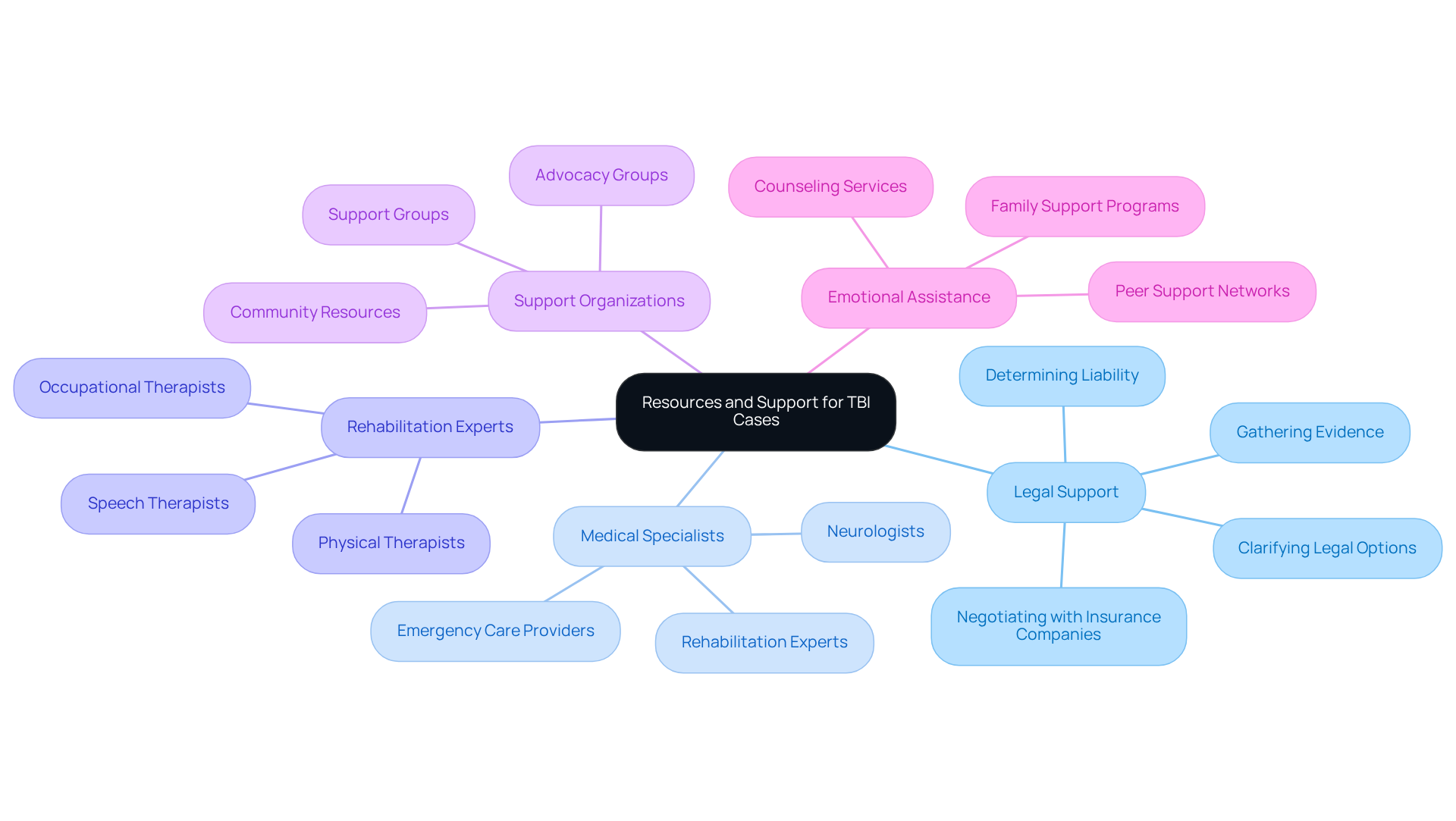 This mindmap illustrates the various resources available for TBI victims. Start at the center with the main topic, then follow the branches to see how legal support connects with medical and emotional resources, helping you understand the comprehensive support system available. This mindmap illustrates the various resources available for TBI victims. Start at the center with the main topic, then follow the branches to see how legal support connects with medical and emotional resources, helping you understand the comprehensive support system available.