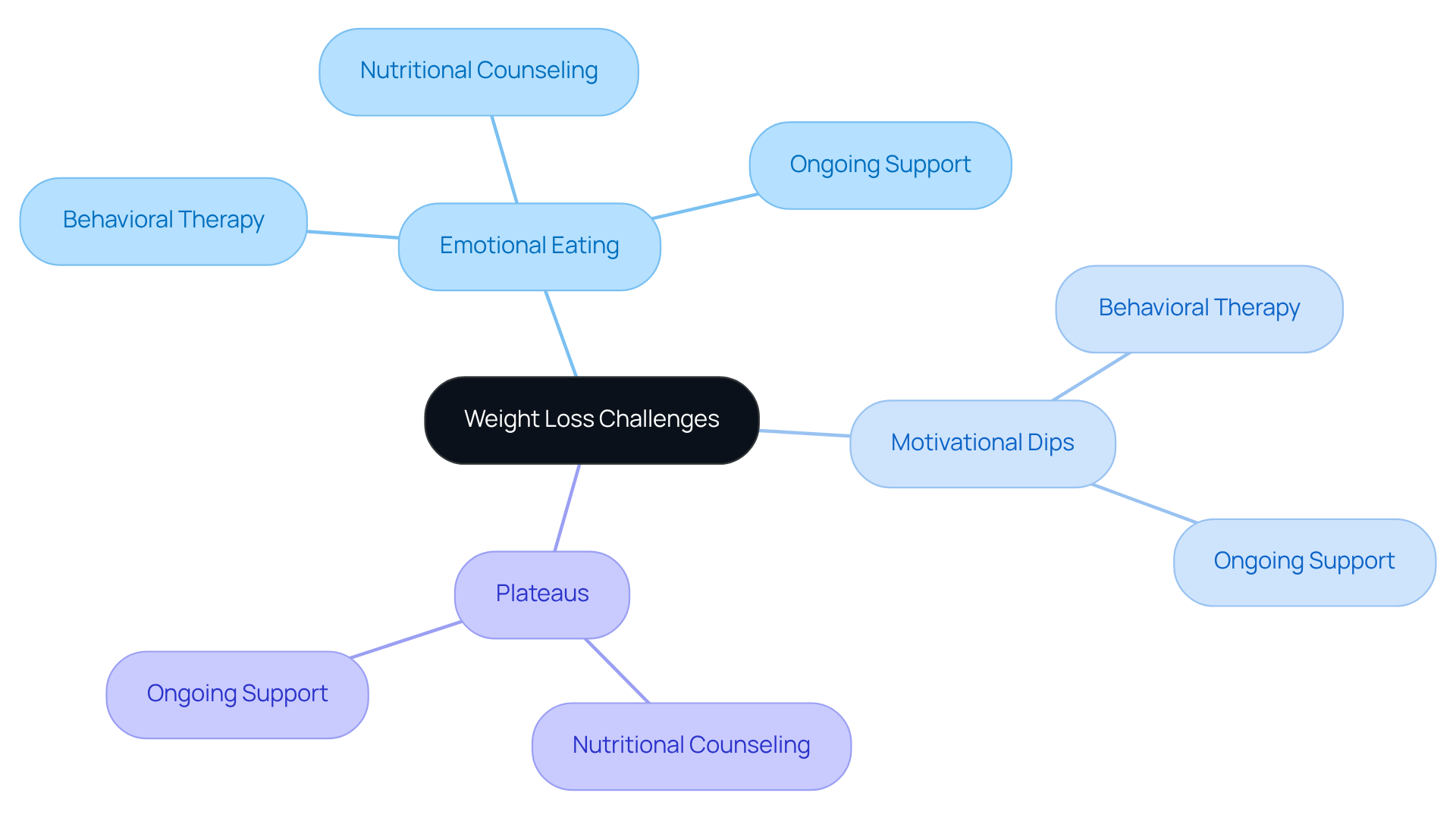 The center represents the main theme of weight loss challenges. Each branch shows a specific challenge, and the sub-branches detail the solutions available to help overcome those challenges.