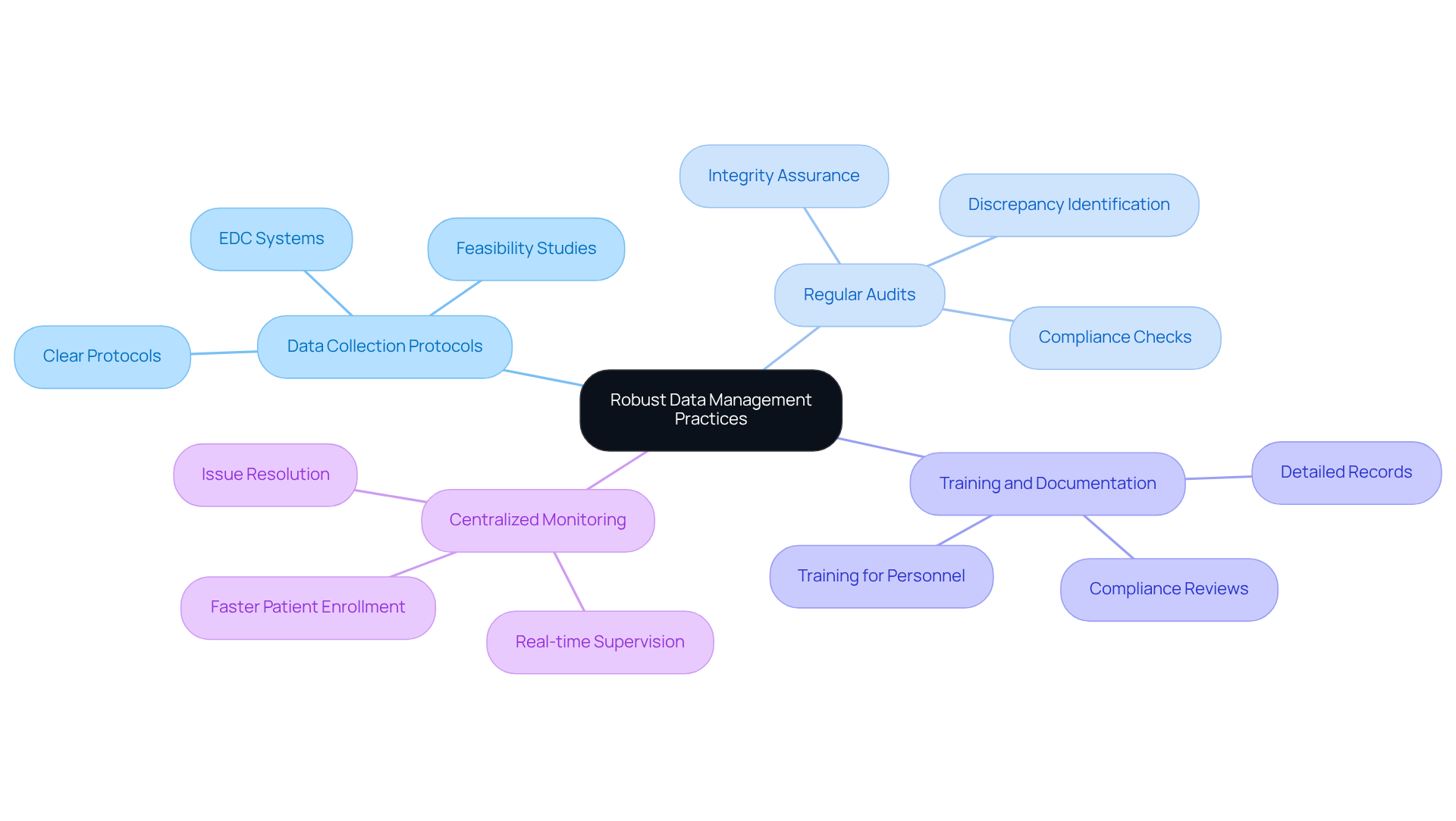 The central node represents the main focus on data management, while the branches show the key strategies. Each sub-branch provides specific actions or considerations related to that strategy.