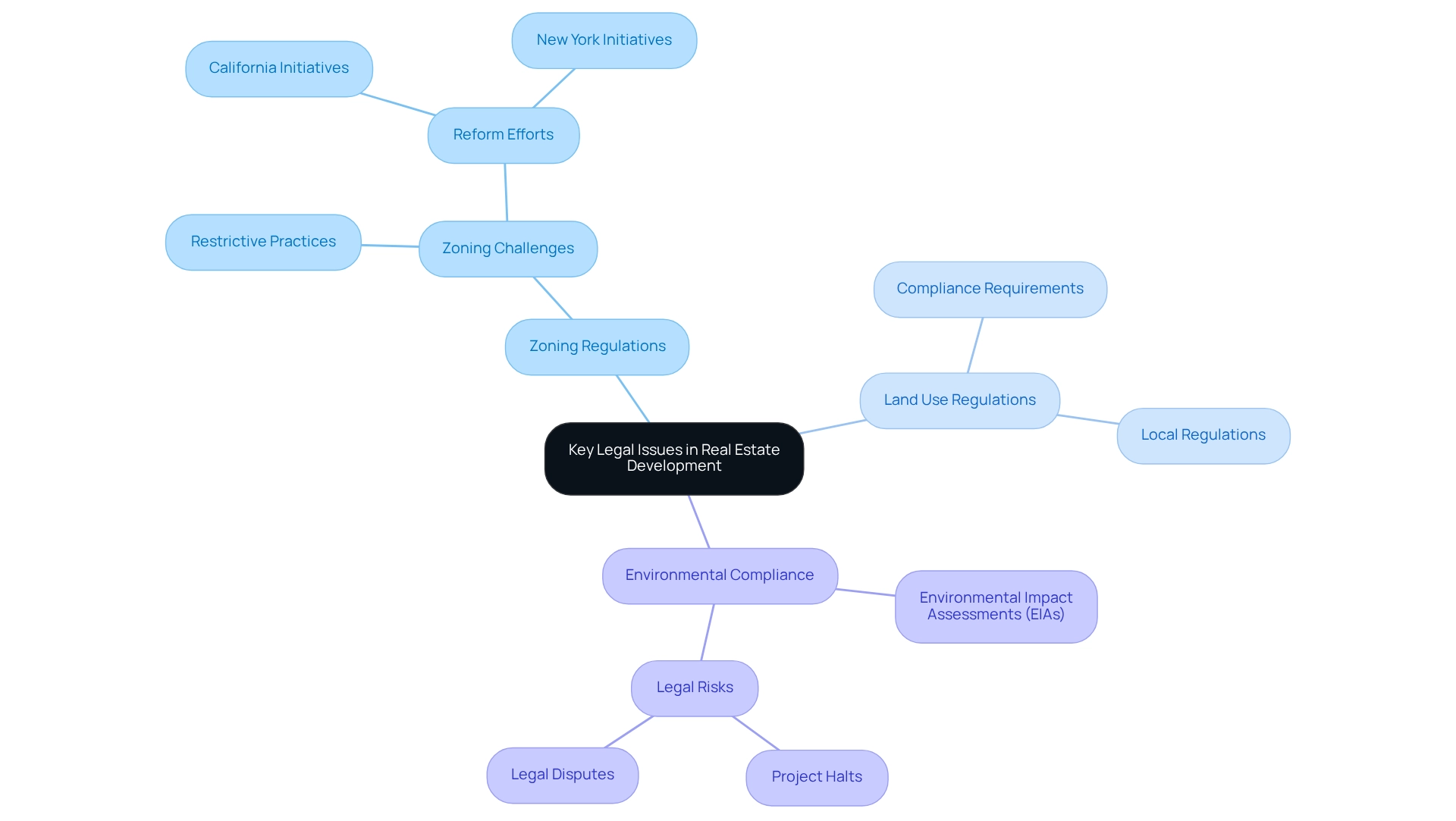 The central node represents the overarching theme, while branches and sub-branches depict specific legal challenges and their implications.