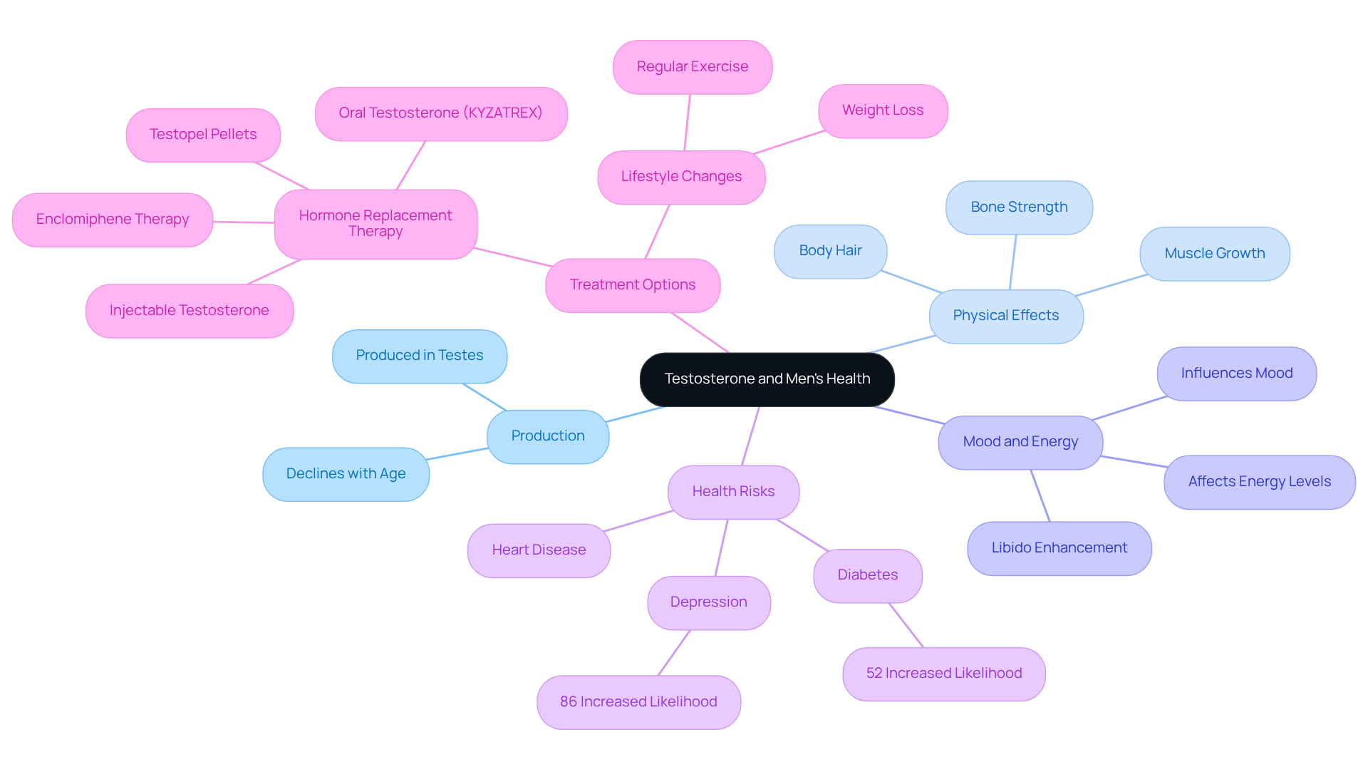 The central node represents testosterone, with branches showing its production, effects, risks, and treatment options. Each branch highlights important aspects of how testosterone influences men's health. The central node represents testosterone, with branches showing its production, effects, risks, and treatment options. Each branch highlights important aspects of how testosterone influences men's health.