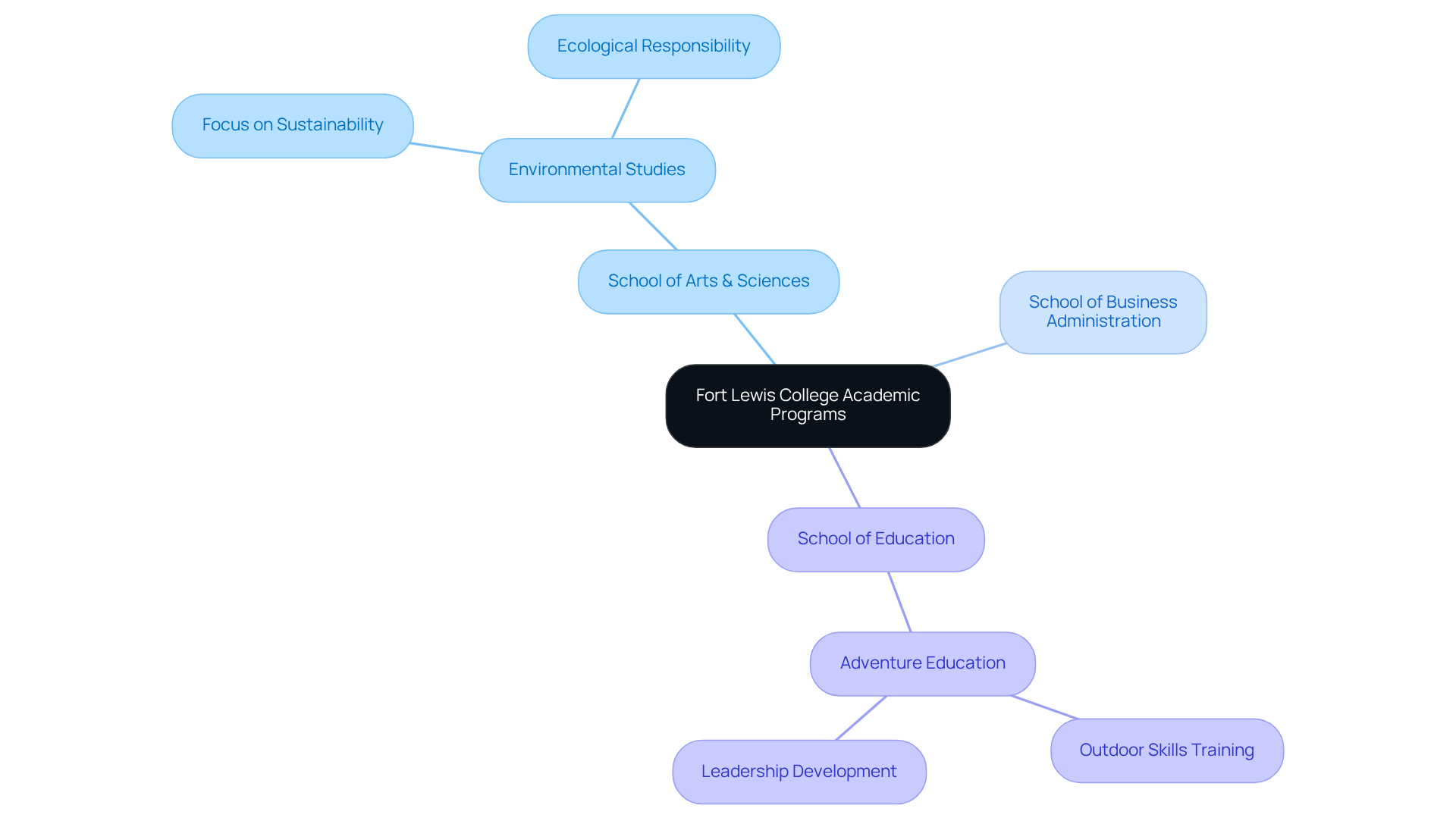 The central node represents the college's academic offerings. Each branch details a different school or program, illustrating how they connect and the opportunities they provide for students. The central node represents the college's academic offerings. Each branch details a different school or program, illustrating how they connect and the opportunities they provide for students.