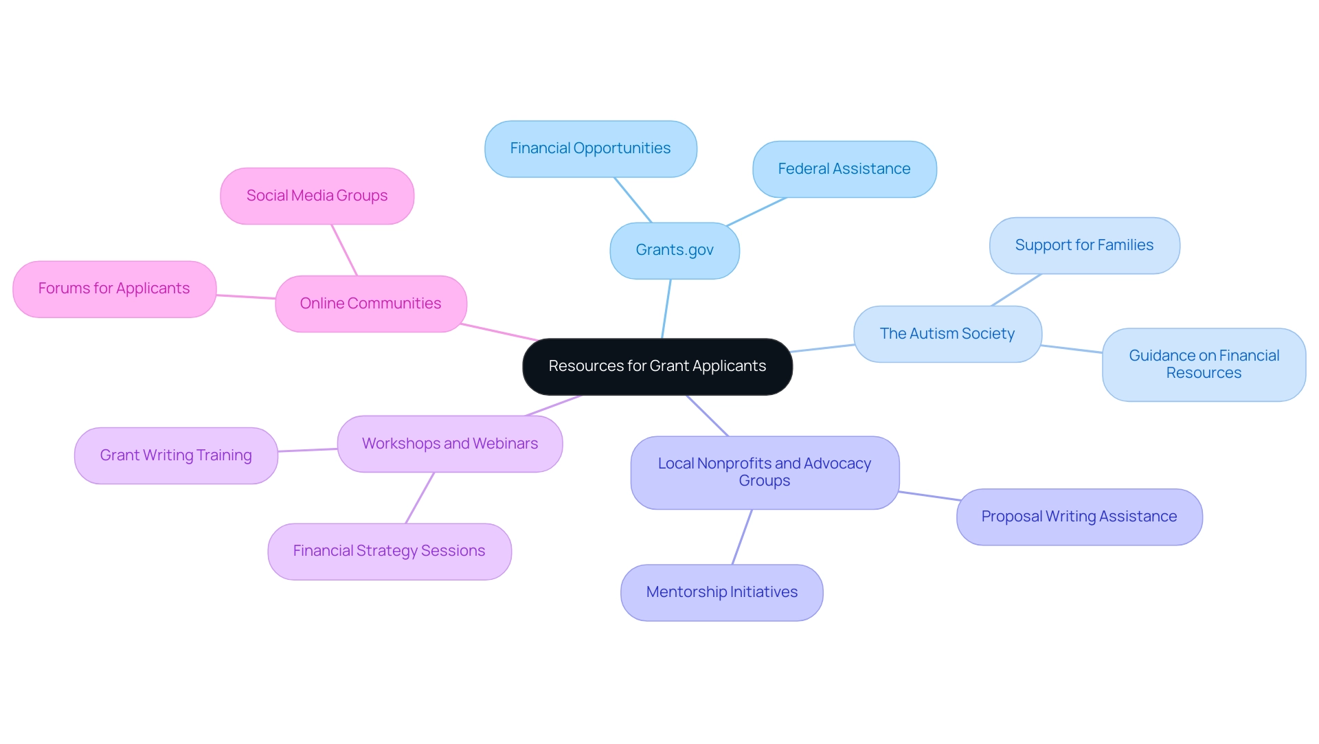 The central node represents the overall theme, with branches illustrating the main categories of resources available for grant applicants.