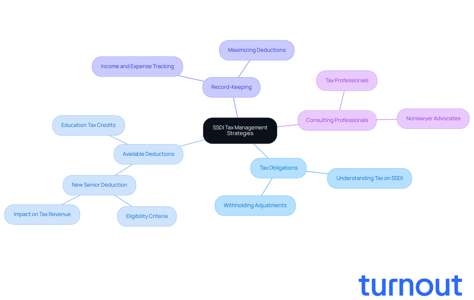 The center represents the main topic of SSDI tax management. Each branch shows a key area of focus, and the sub-branches provide more details on specific strategies or considerations. This layout helps you see how everything connects.