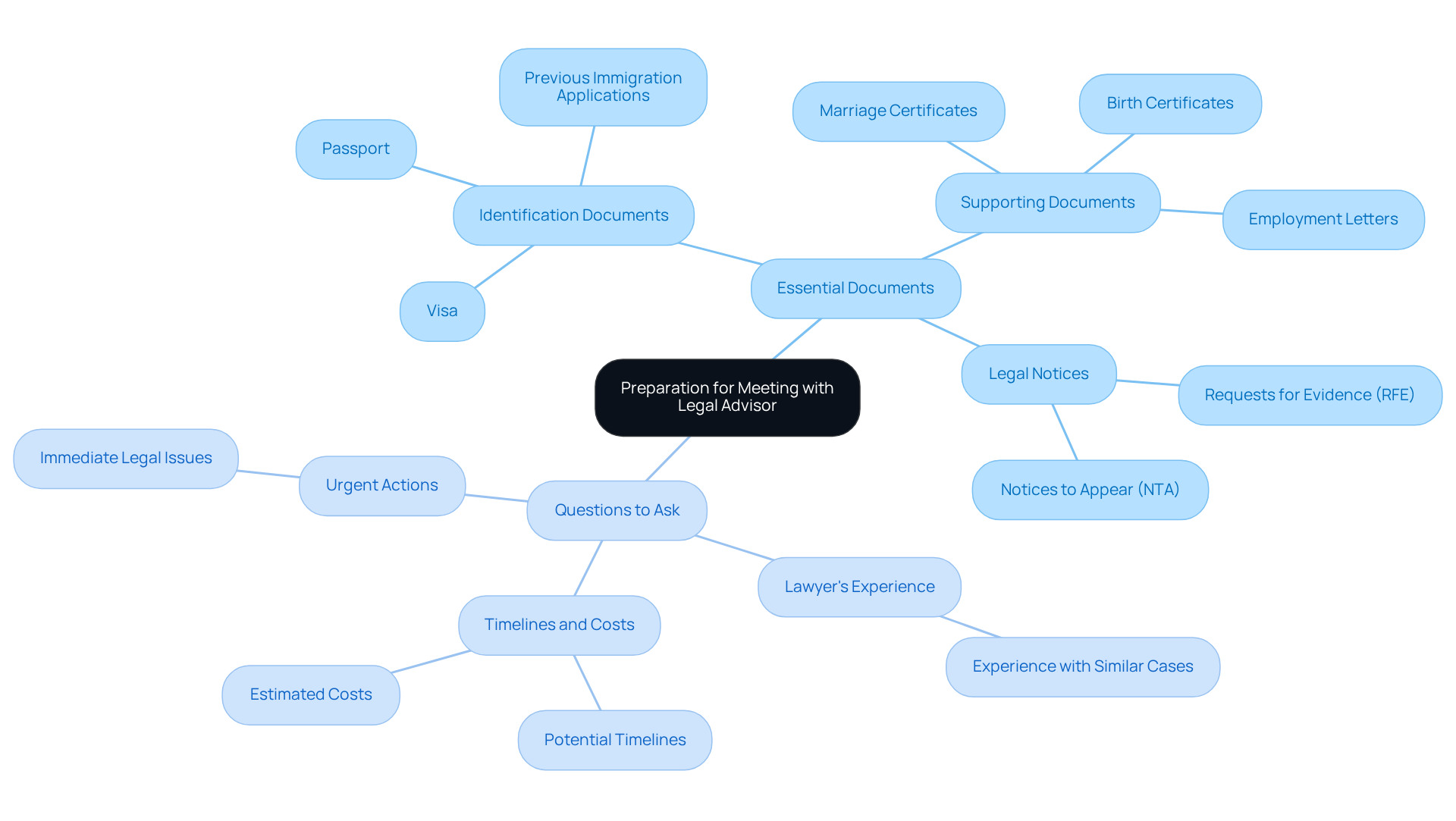 The center shows the main focus of preparation, with branches leading to important documents and questions to ask. Each branch helps you remember what to gather and discuss during your meeting.