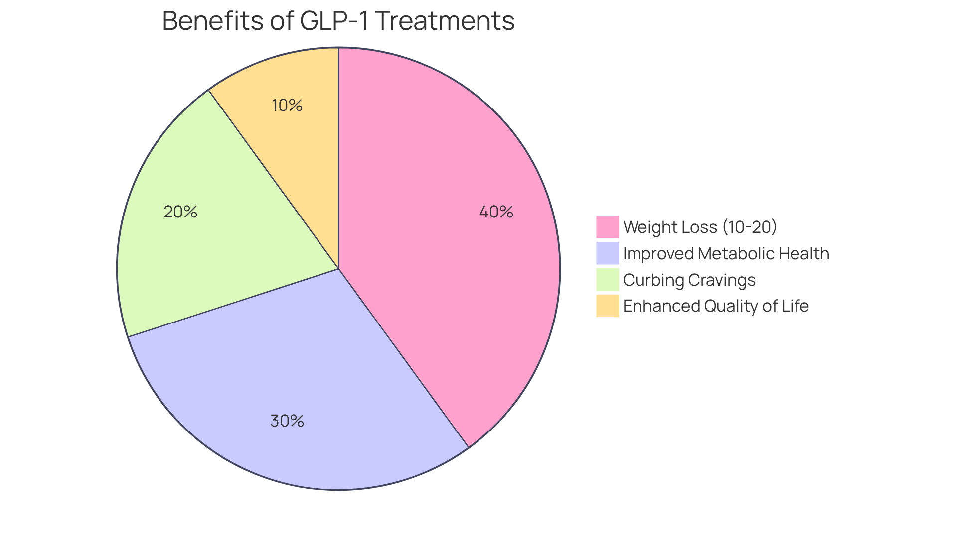 Each segment of the pie chart shows a different benefit of GLP-1 treatments. The larger the segment, the more significant that benefit is in the overall treatment experience. For example, the weight loss segment shows how much participants can expect to lose, while other segments highlight improvements in health and well-being.