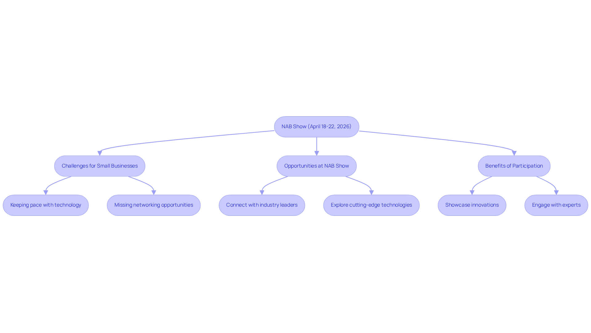 Follow the arrows to see how small businesses can navigate challenges and seize opportunities at the NAB Show. Each box represents a key step in the process, leading to the ultimate benefits of participation.