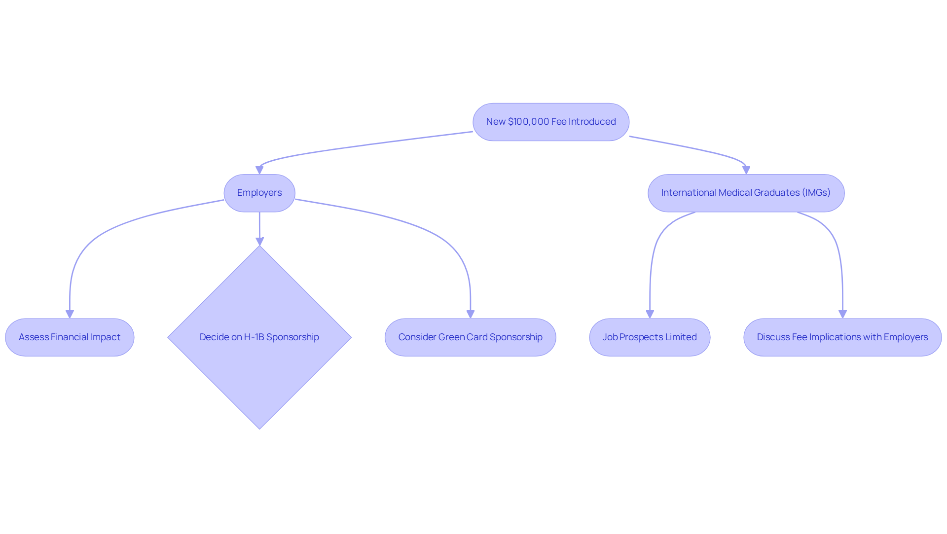 Each box represents a step or decision in the hiring process related to the new fee. Follow the arrows to see how employers and IMGs are affected and what decisions they might make.