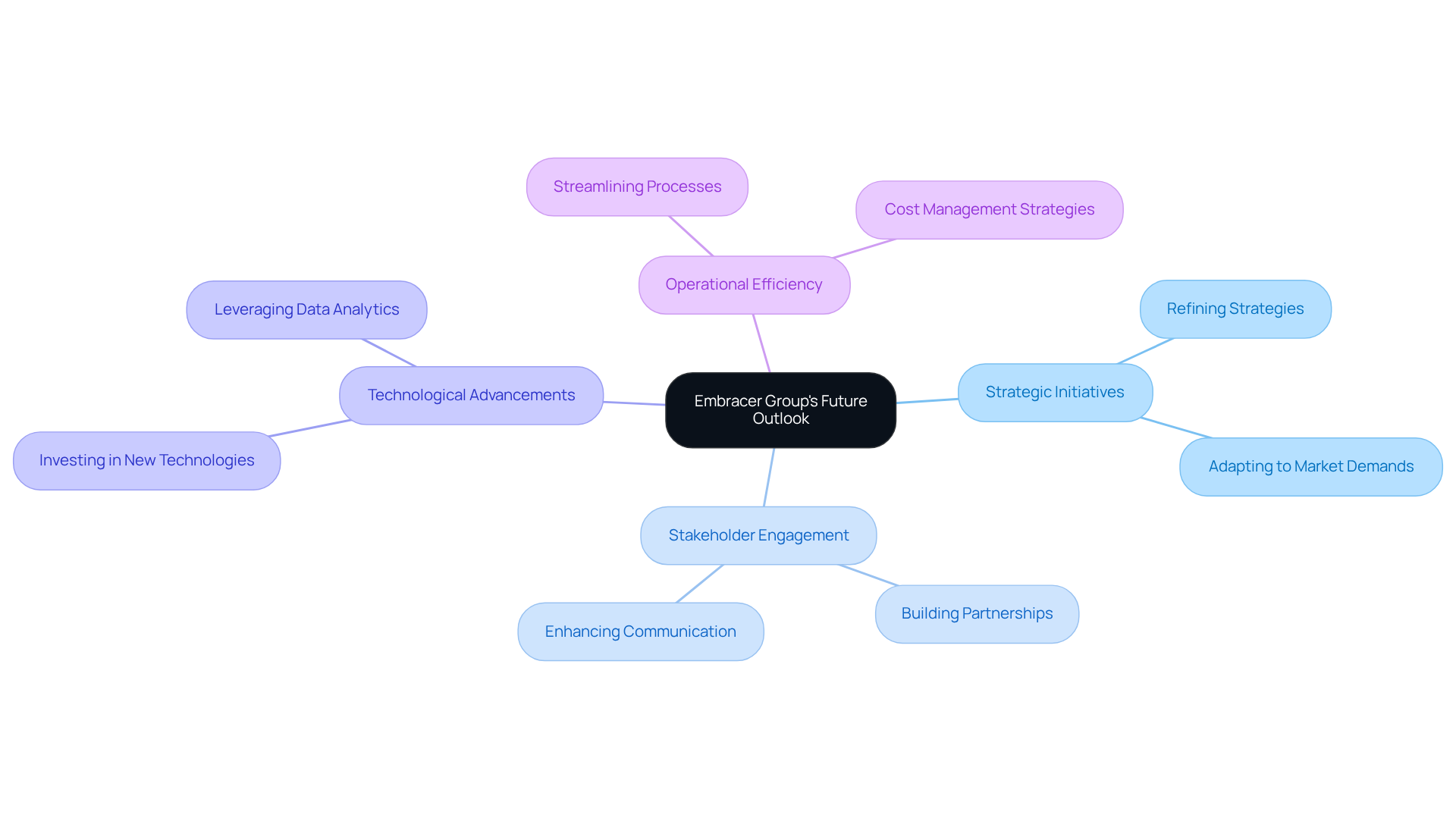 Start at the center with the overall outlook, then explore each branch to see how different strategies and initiatives contribute to the company's future success.