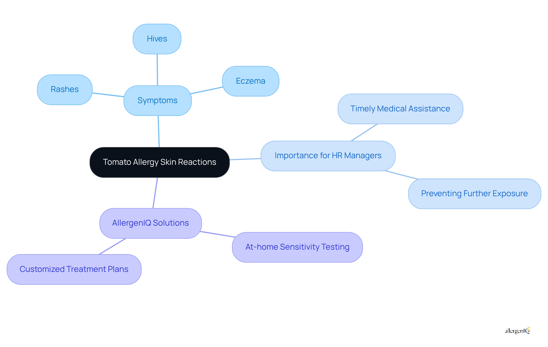 The central node represents the main topic of tomato allergy skin reactions. Each branch shows related aspects: symptoms, why it's important for HR managers to recognize them, and how AllergenIQ can help manage these allergies.