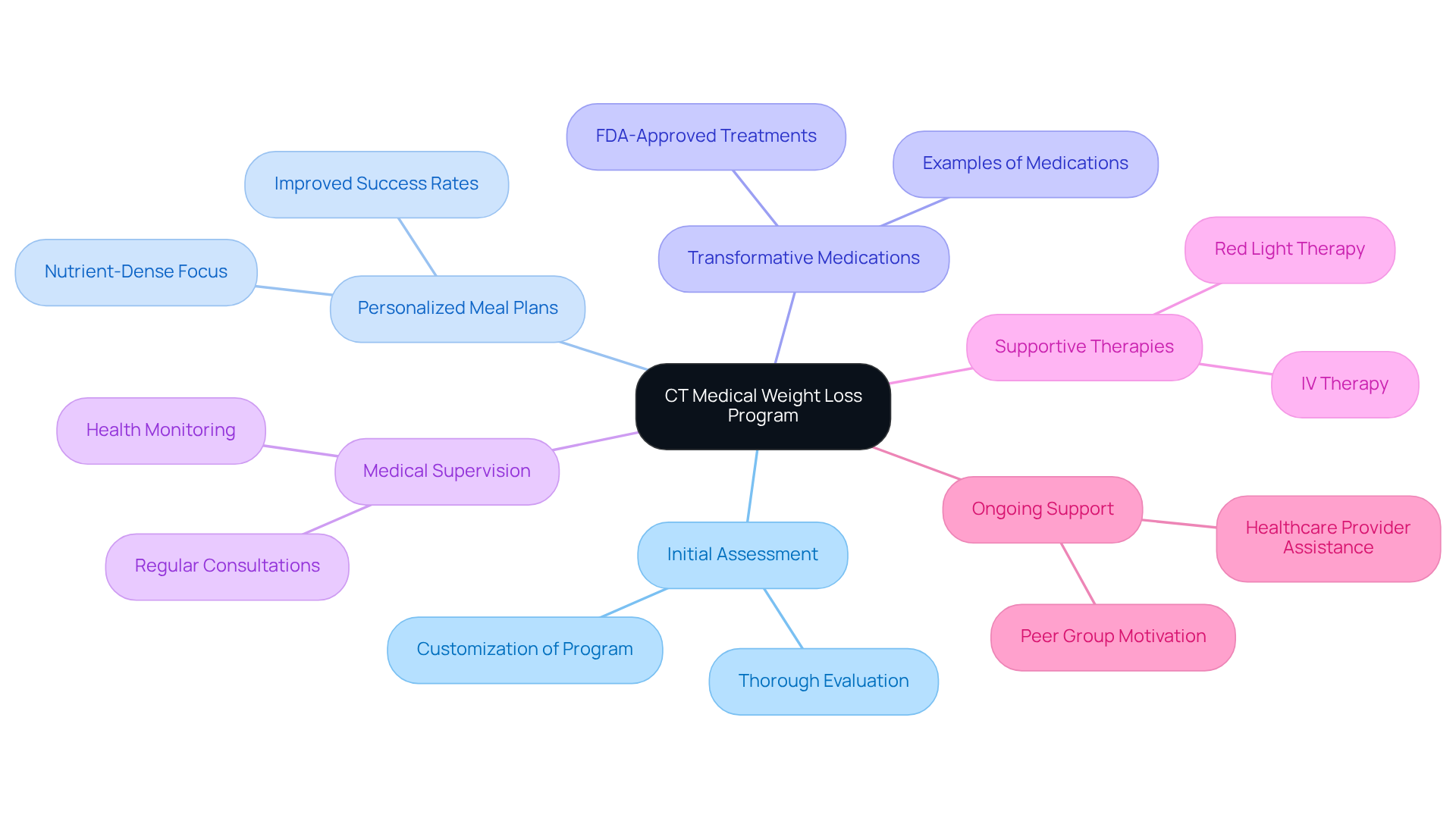 The central node represents the overall program, while each branch highlights a key component. Follow the branches to see how each part contributes to the weight loss journey, with sub-branches providing additional details and examples.