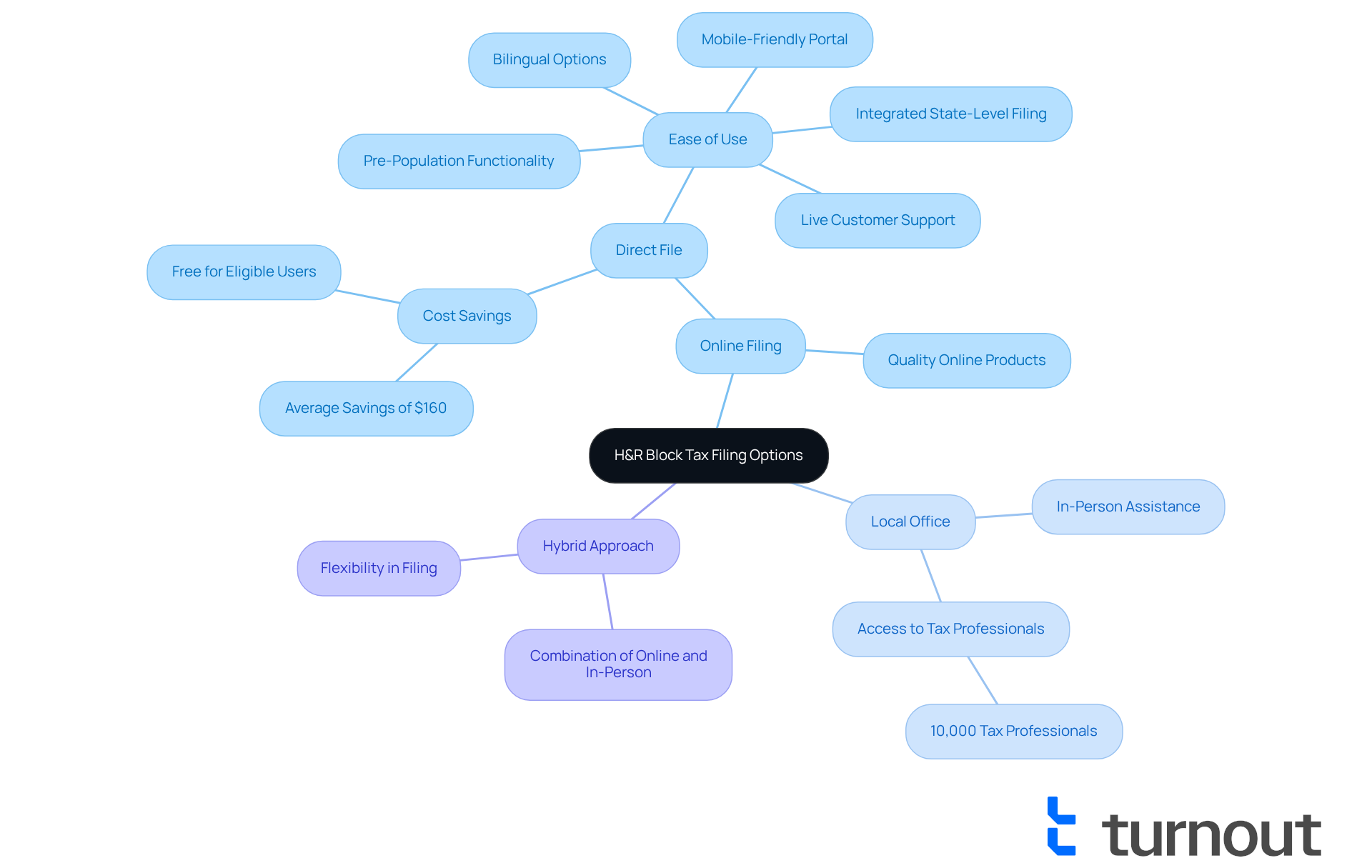 The central node shows the overall topic, while the branches represent the different filing options available. Each branch breaks down into further details, helping you visualize how H&R Block accommodates various customer needs. The central node shows the overall topic, while the branches represent the different filing options available. Each branch breaks down into further details, helping you visualize how H&R Block accommodates various customer needs.