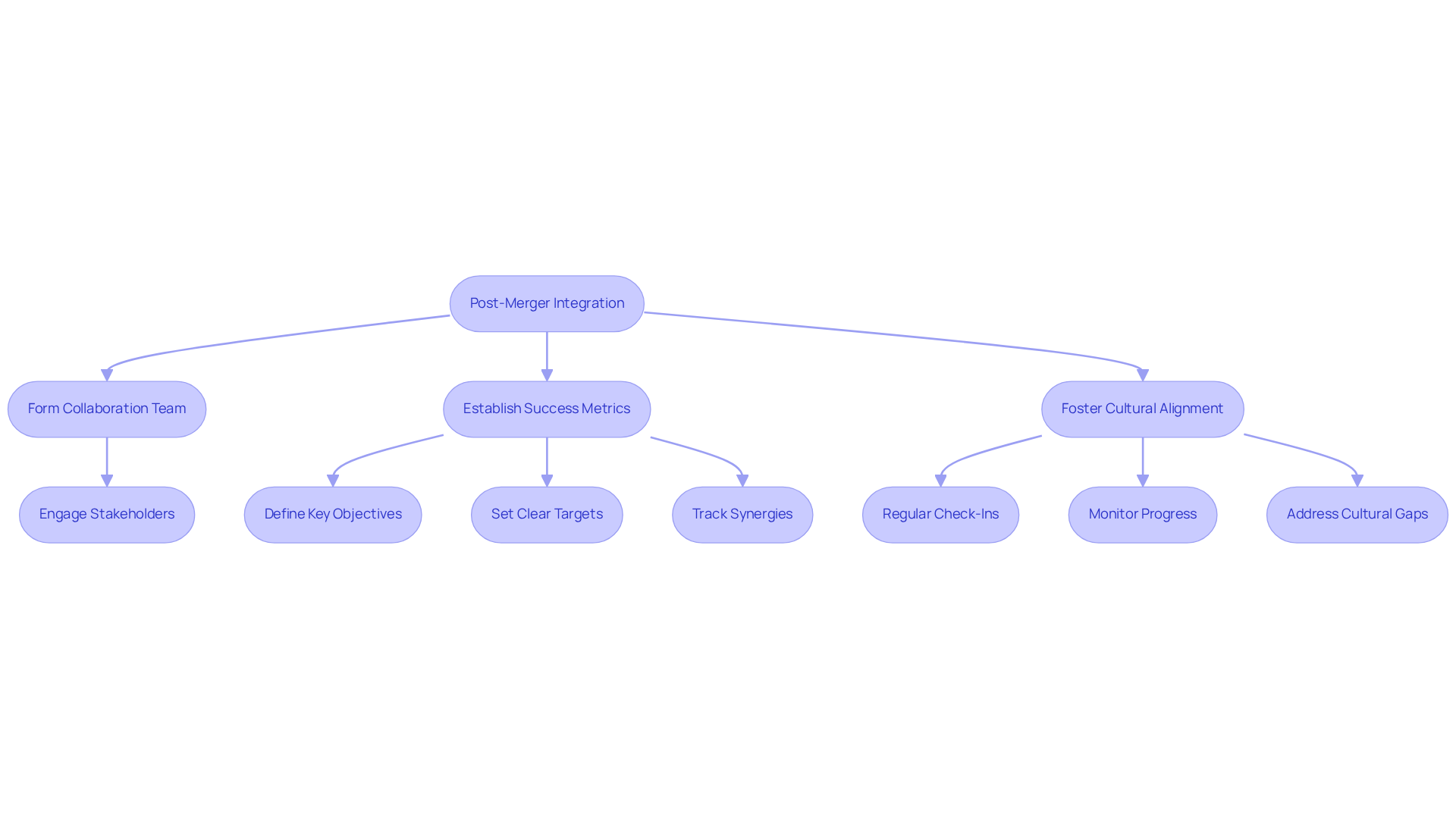This flowchart outlines the key steps in integrating two companies after a merger. Each box represents an important action to take, and the arrows show how these actions connect to ensure a smooth transition and long-term success.