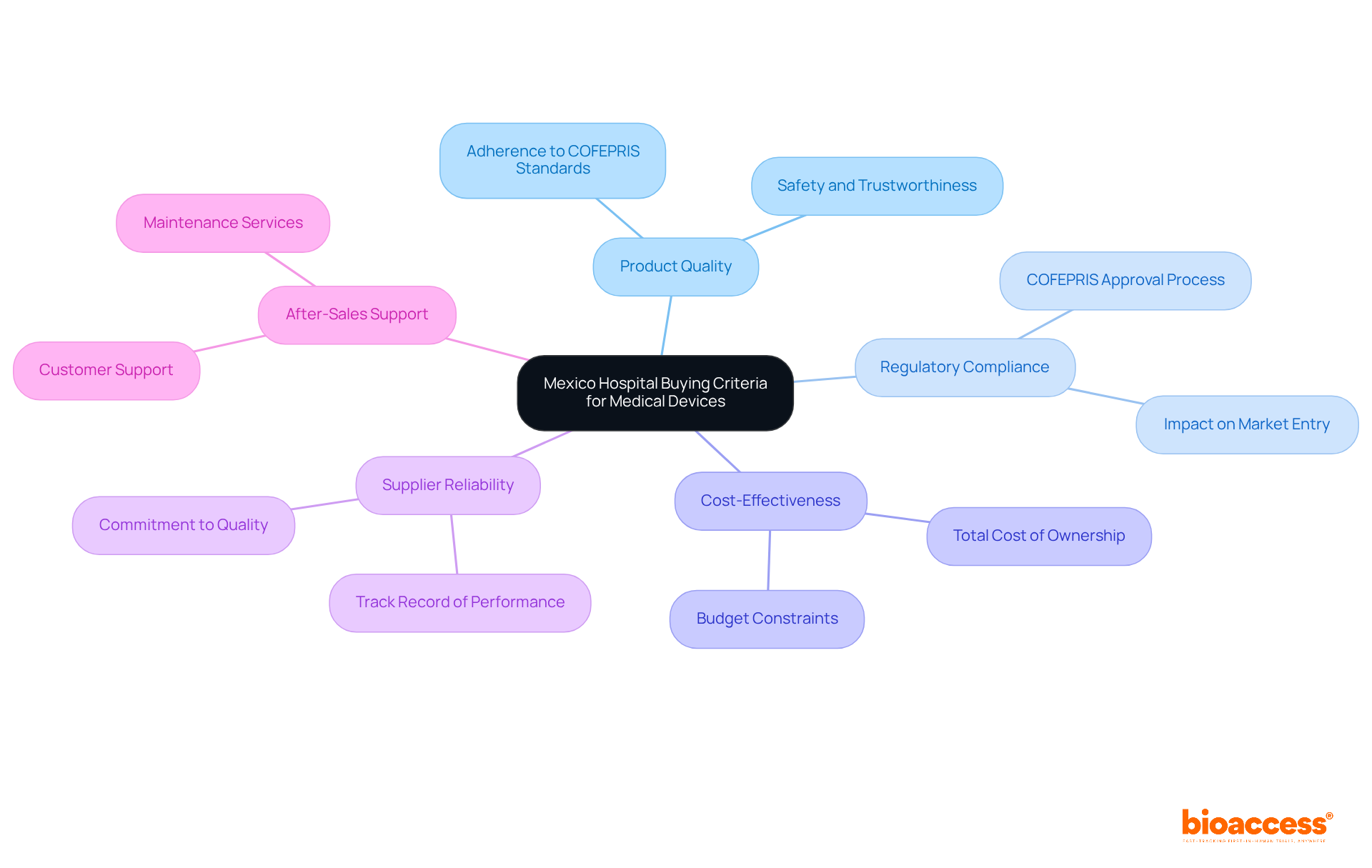 The central node represents the main topic, while the branches show the key factors that influence hospital purchasing decisions. Each factor is important for manufacturers to understand to succeed in the Mexican market.
