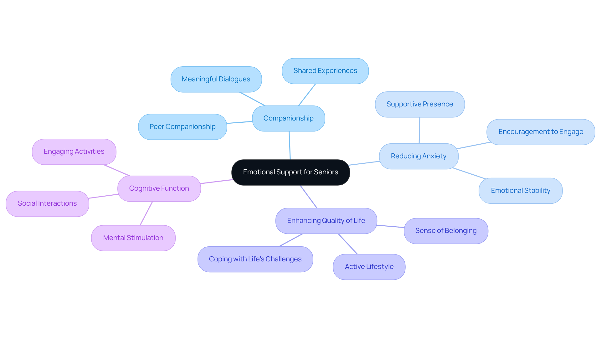 The central node represents emotional support, with branches illustrating how companionship and social interaction contribute to reducing anxiety and enhancing overall well-being for seniors.