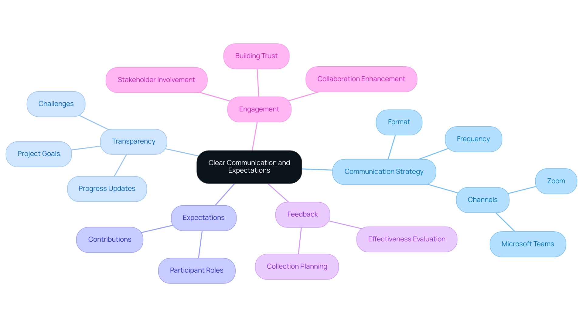 The central node represents the main theme, with branches showing key components of the communication strategy and their relationships.