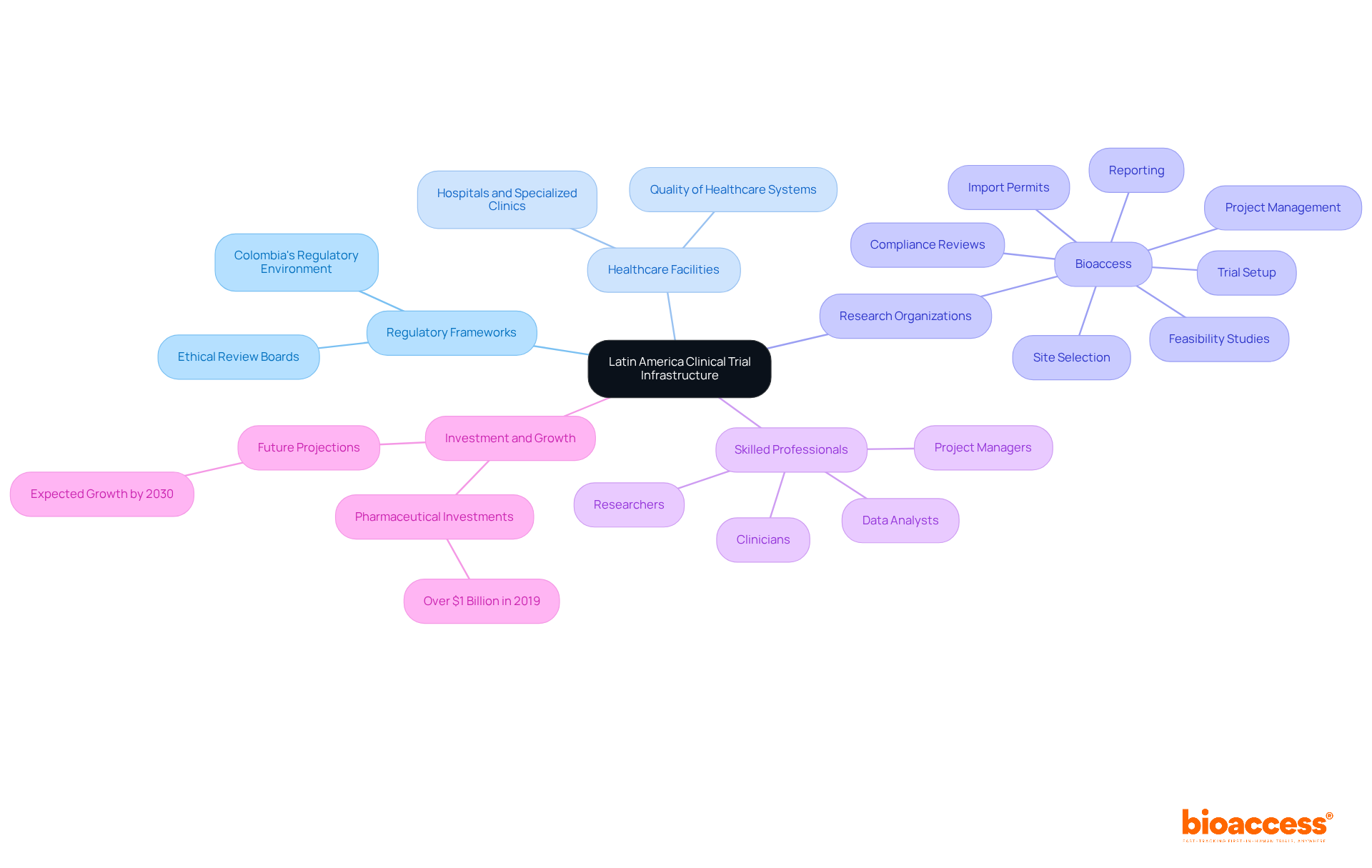 The central node represents the overall infrastructure, while branches show key components and their roles. Each sub-branch details specific organizations and services, helping you understand how they fit into the larger picture.